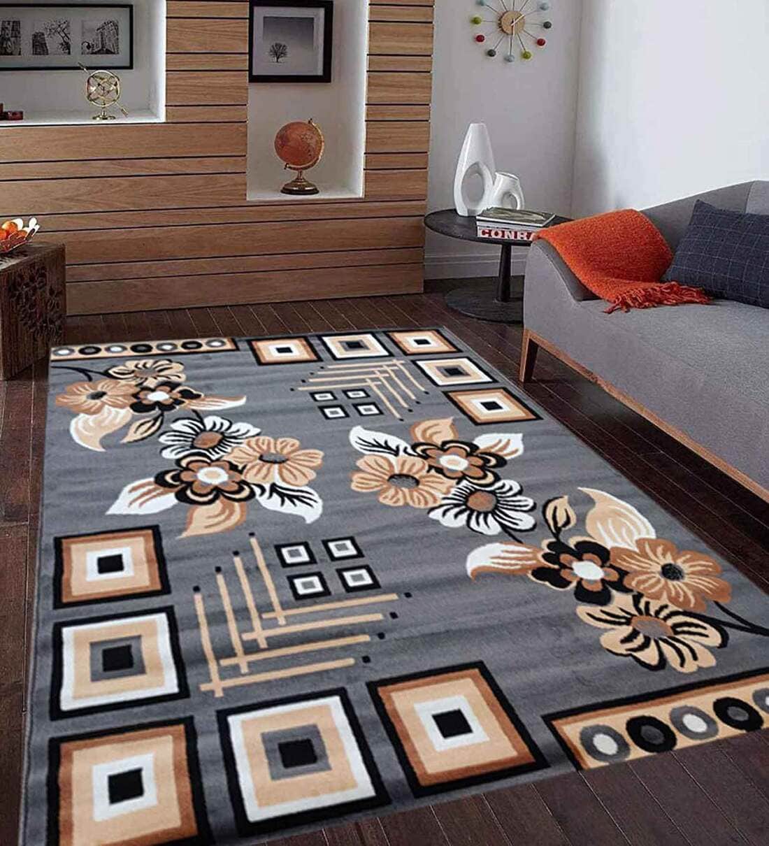 Buy Grey Floral Acrylic 5 ft x 7 ft Machine Made Carpet at 25% OFF by ...