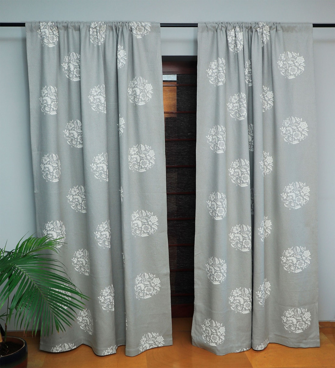 Buy Grey Floral Cotton 8 Ft Blackout Rod Pocket Door Curtain by Zeba at ...