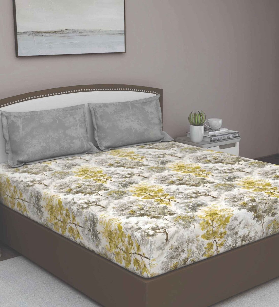 Buy Grey Floral 210 TC Cotton Queen Sized Bed Sheets with 2 Pillow ...