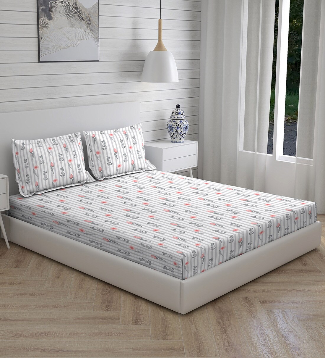 Buy Grey Floral 225 TC Cotton King Sized Bed Sheets with 2 Pillow Covers by Boutique Living at ...