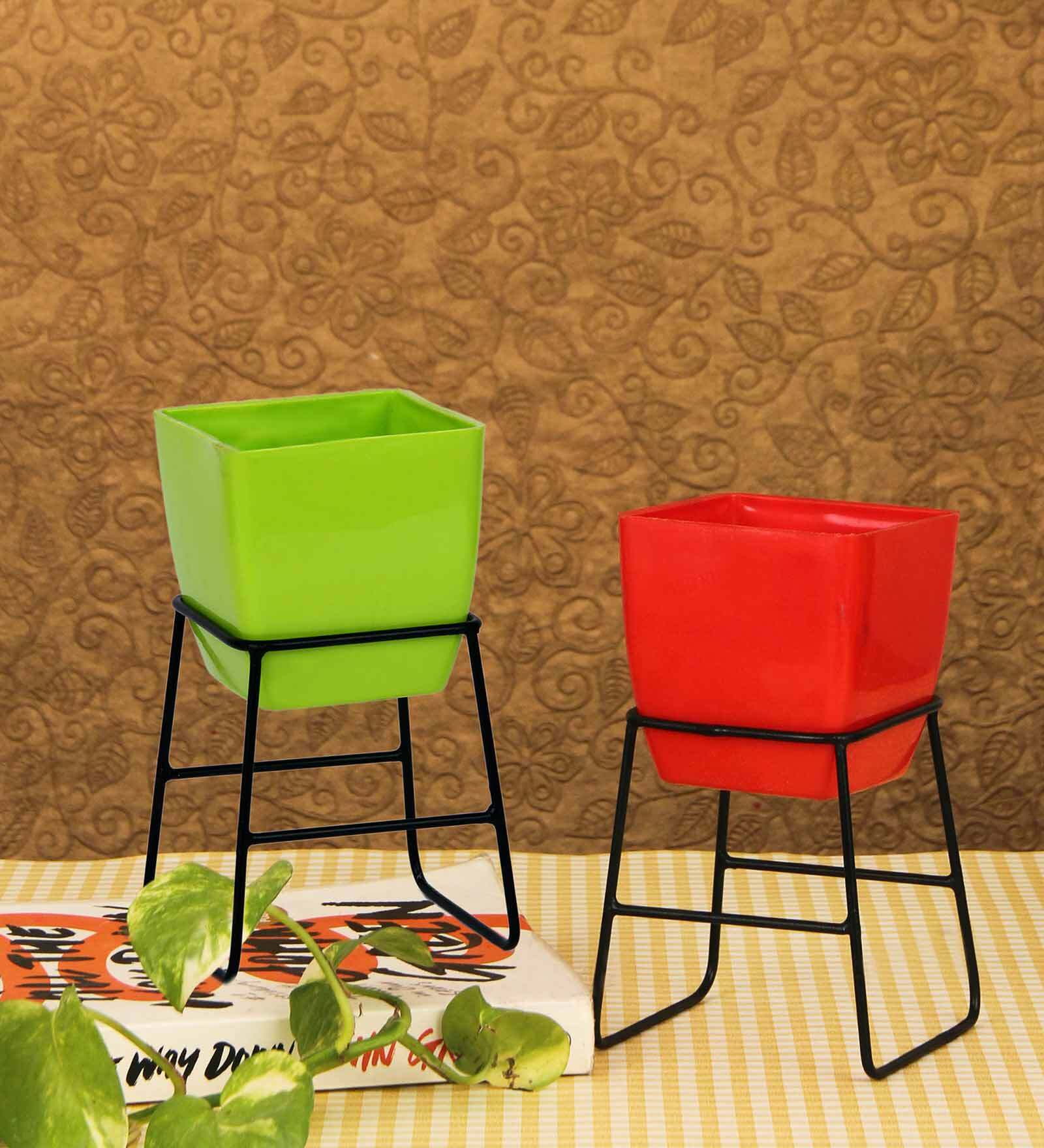 Buy Green & Red Metal & Plastic Desk Pot Planter With Stand at 31% OFF ...