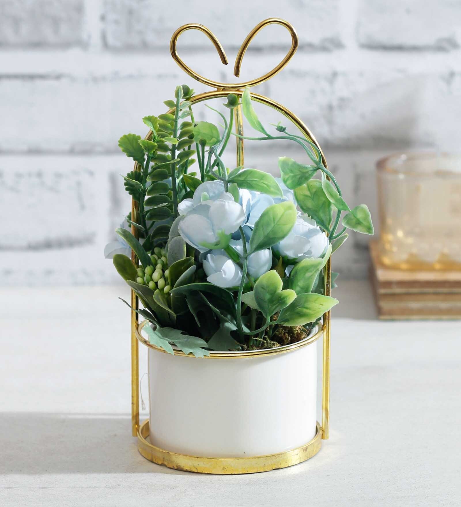 Buy Green & White Polyester Artificial Plant With Gold Plated Metal Pot ...