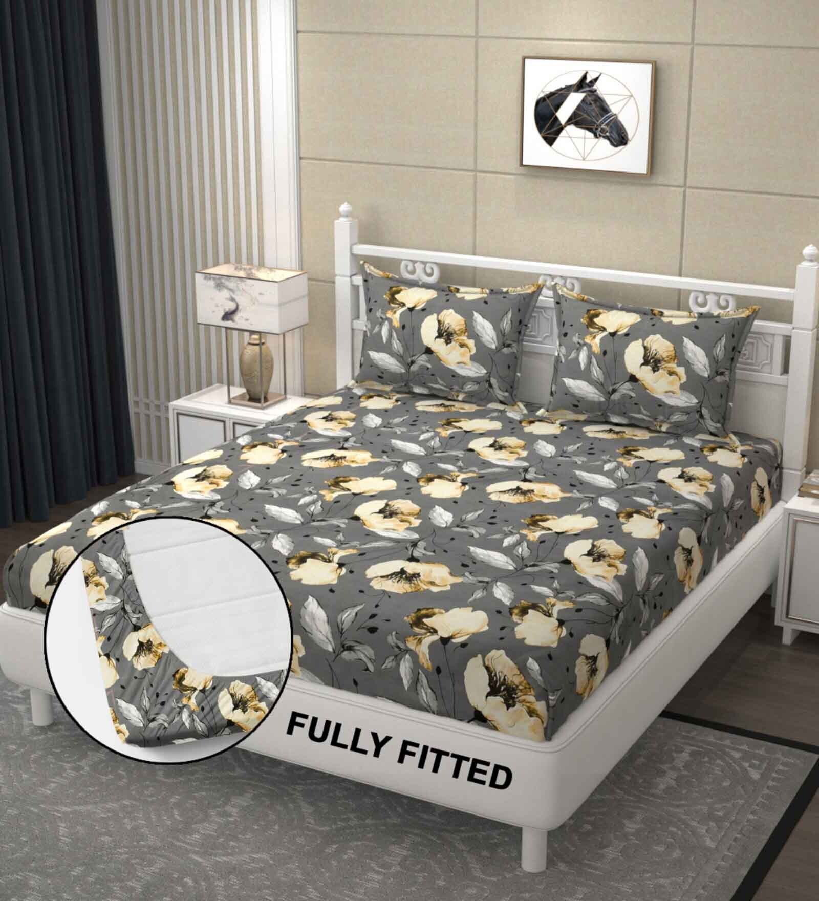 Buy Green Floral 220 TC Microfibre King Size Fitted Bedsheet With 2 ...