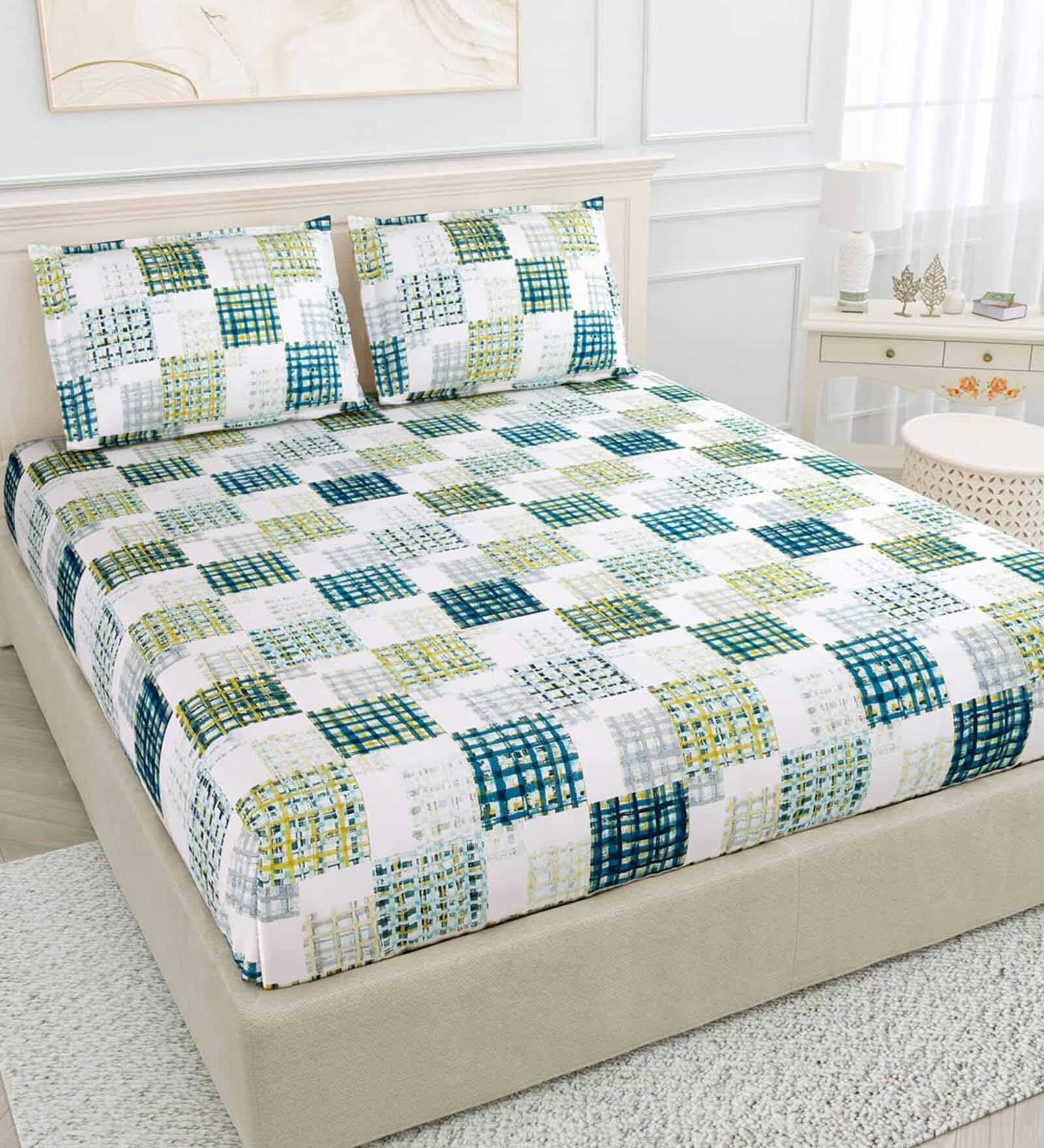 Buy Green Chequered 144 TC Cotton King Sized Bedsheet with 2 Pillow ...