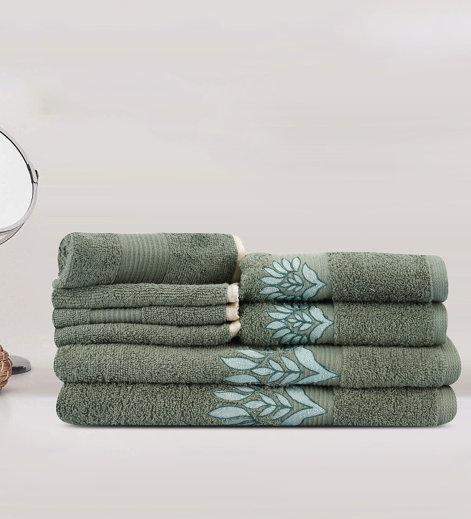 Buy Green Patterned 500 GSM Cotton Towel Sets (Set of 8) by LUSH ...