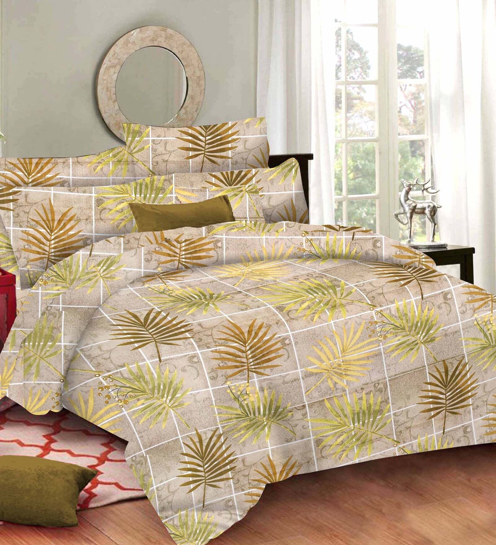 Buy Green Floral 116 TC 100% Cotton Double Queen Bedsheet With 2 Pillow ...