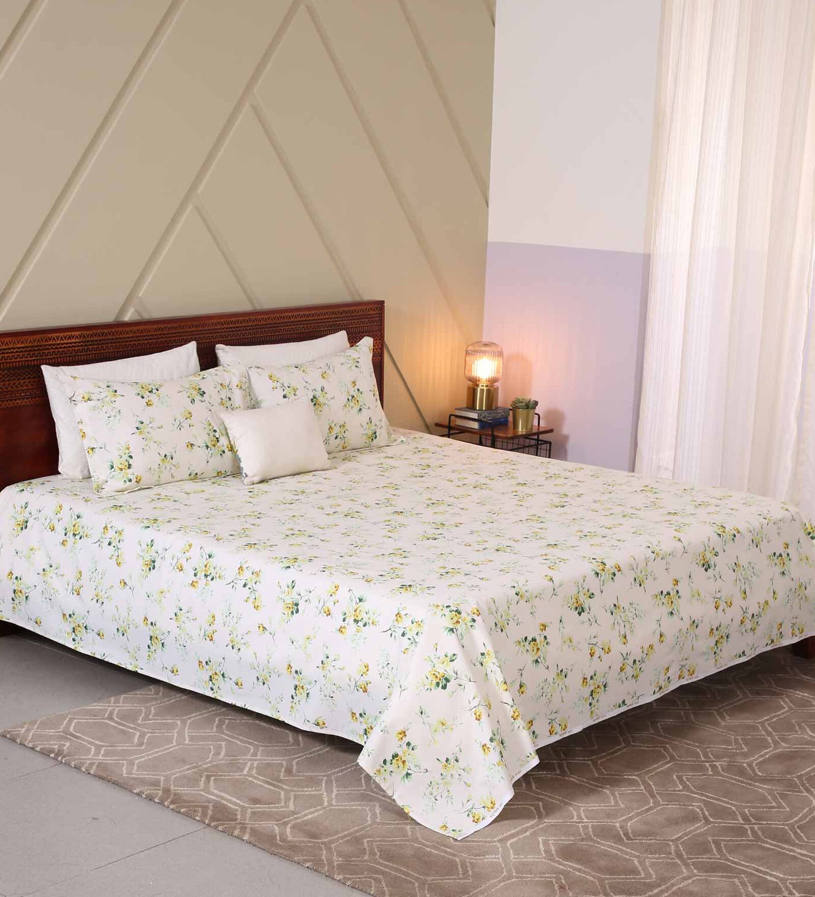 Buy Green Floral 120 TC Cotton King Sized Bed Sheets with 2 Pillow ...
