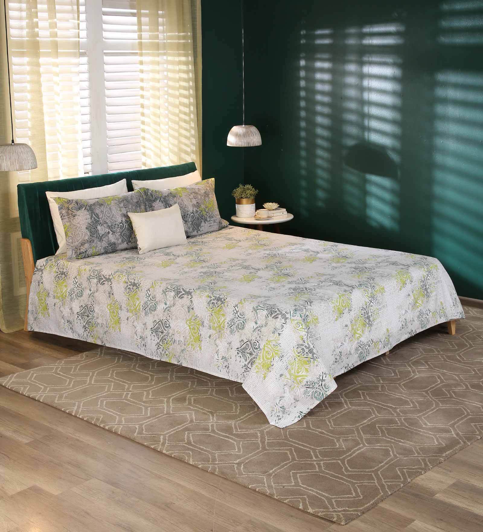 Buy Green Floral 120 TC Cotton Queen Sized Bed Sheets with 2 Pillow ...