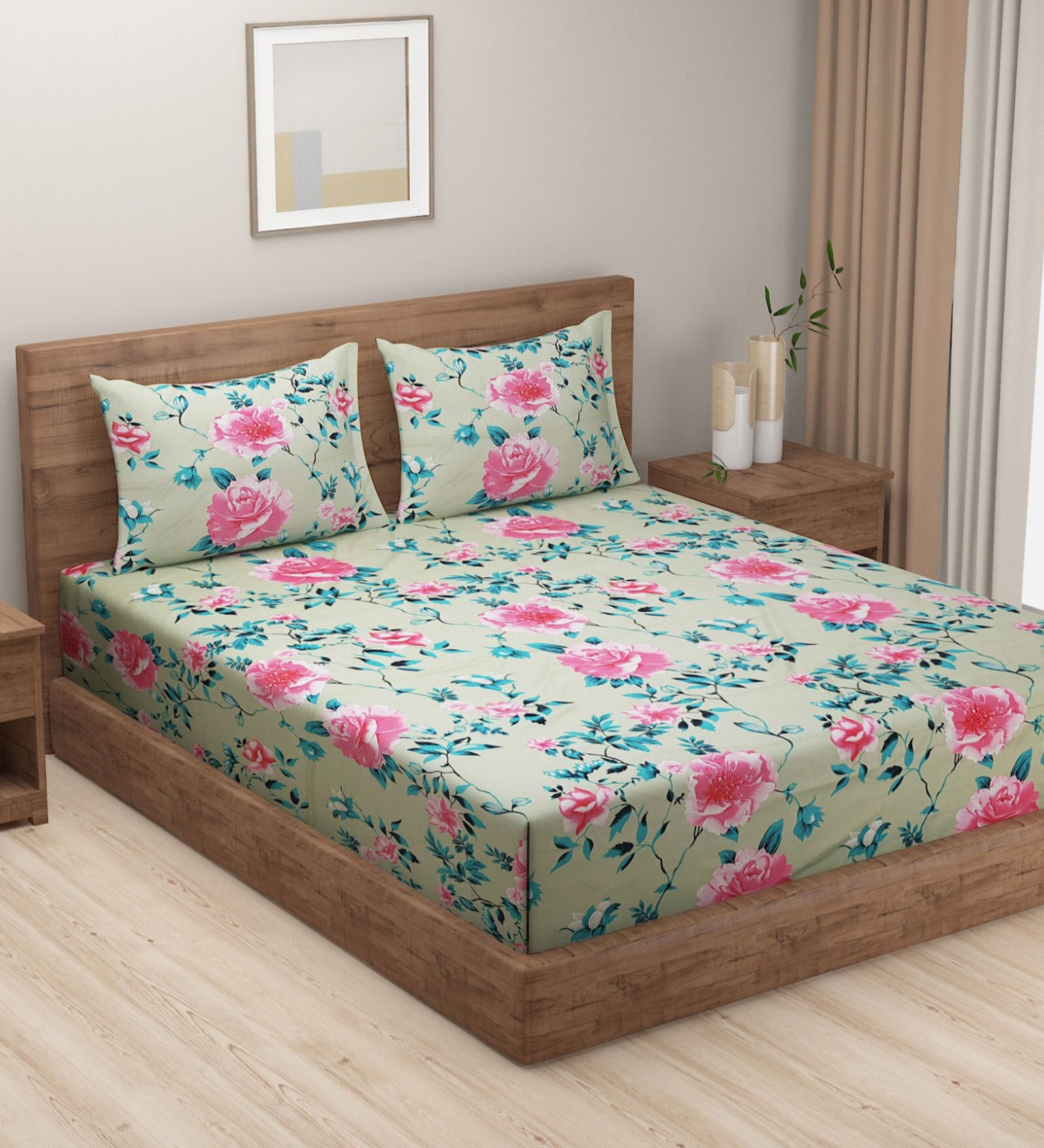 Buy Green Floral 144 TC Microfiber 1 Double Bedsheet With 2 Pillow ...