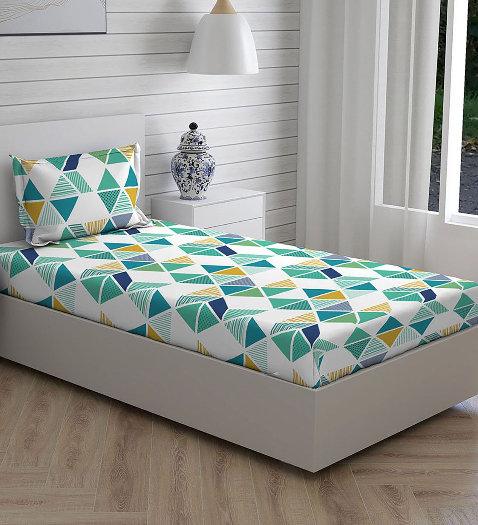 Buy Green Geometric 225 TC Cotton Single Bed Sized Bed Sheets With 1 ...