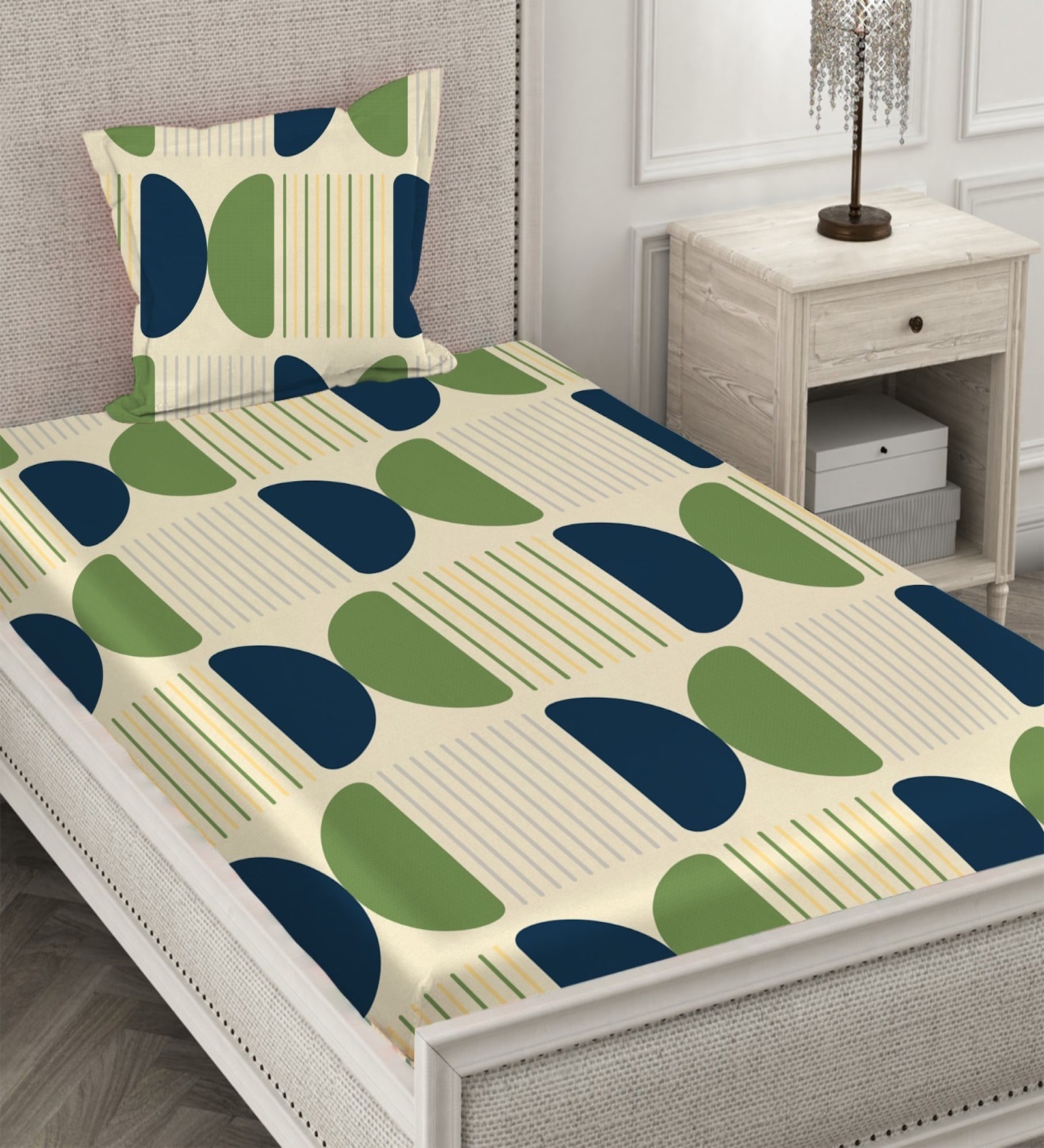 Buy Green Geometric 260 TC Cotton Blend Fitted Single Bedsheet with 1 ...
