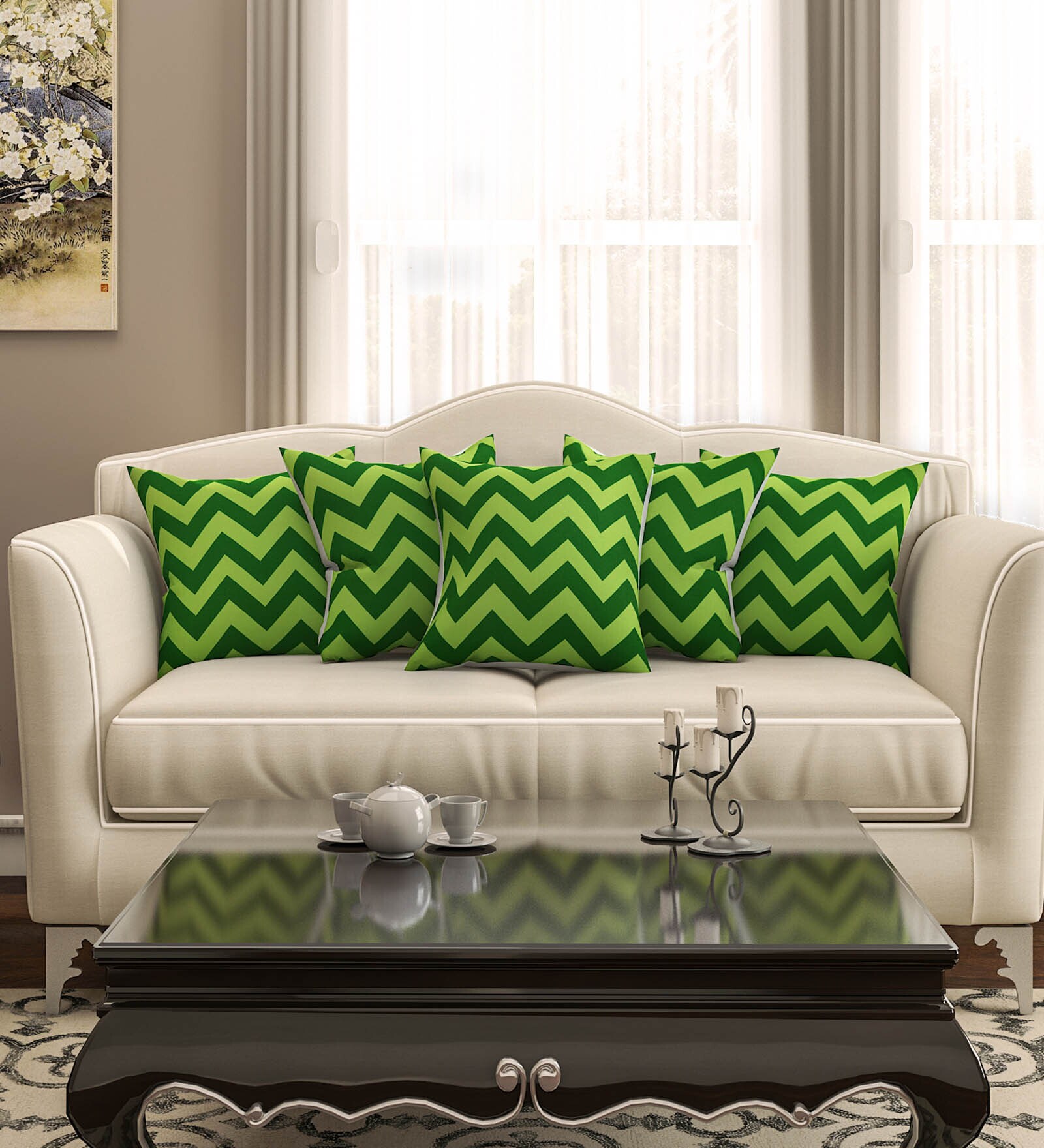 Buy Green Zig Zag Poly Cotton 16 x 16 Inches Cushion Covers (Set of 5 ...