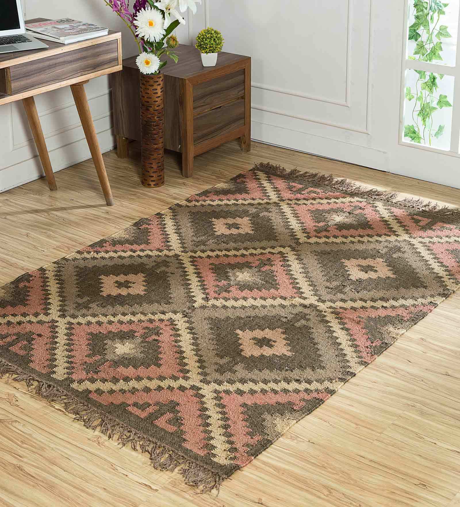 Buy Green Jute Hand Woven Geometric Pattern Dhurrie 6 x 4 feet By ...