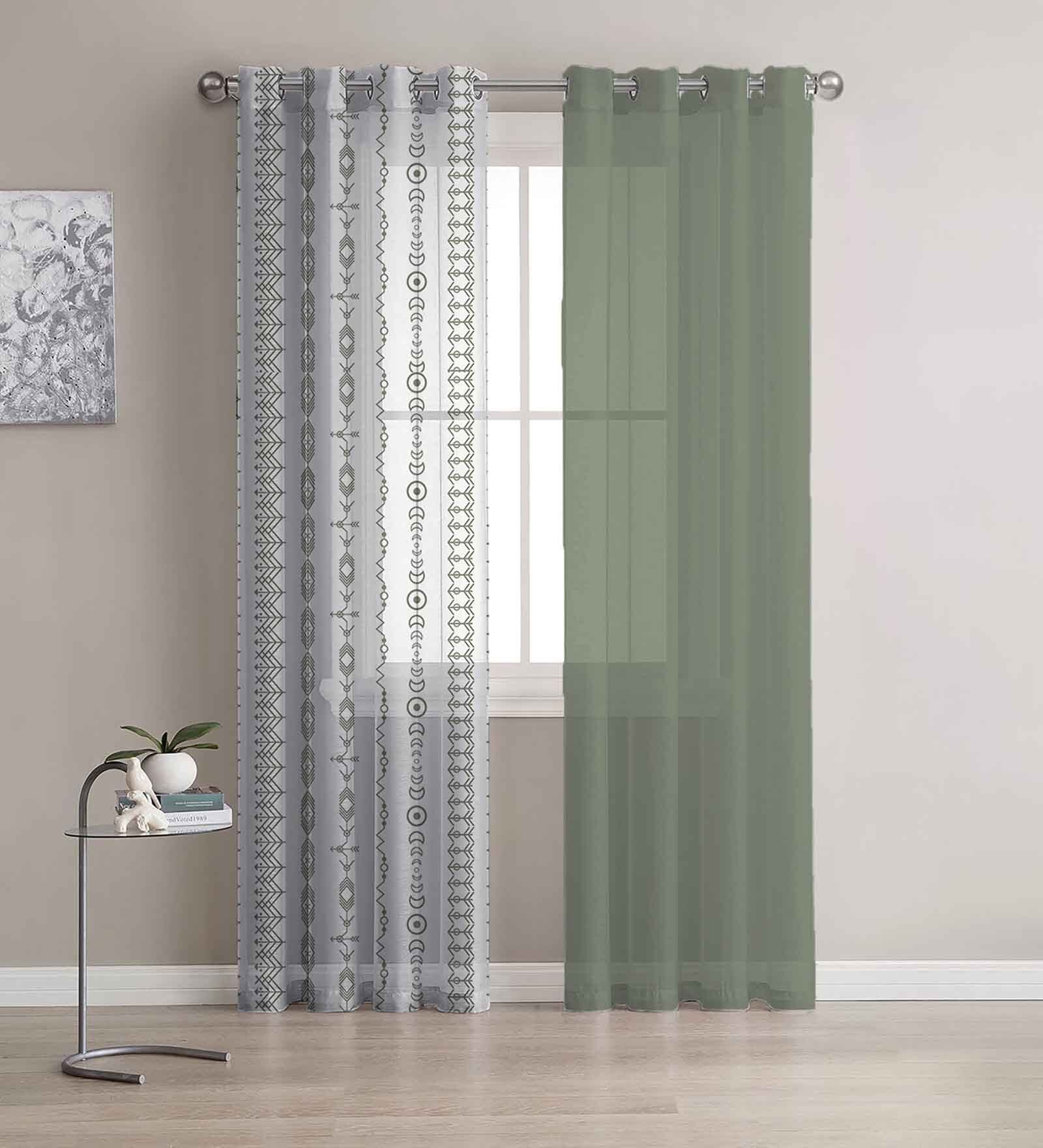 Buy Green Linen Geometric 7ft Sheer Eyelet (Set of 2) Door Curtains at ...
