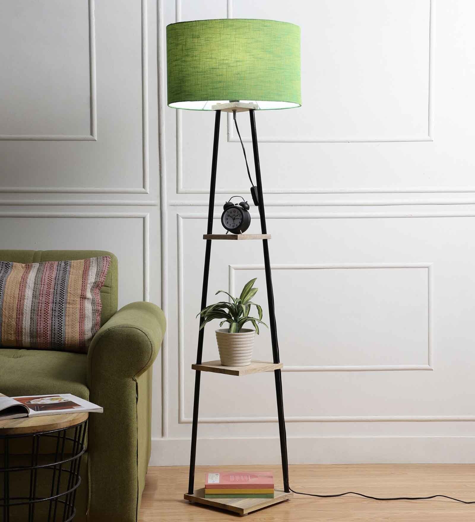Buy Malan E-27 Holder Natural Wood Finish Wood & Metal Shelf Floor Lamp ...
