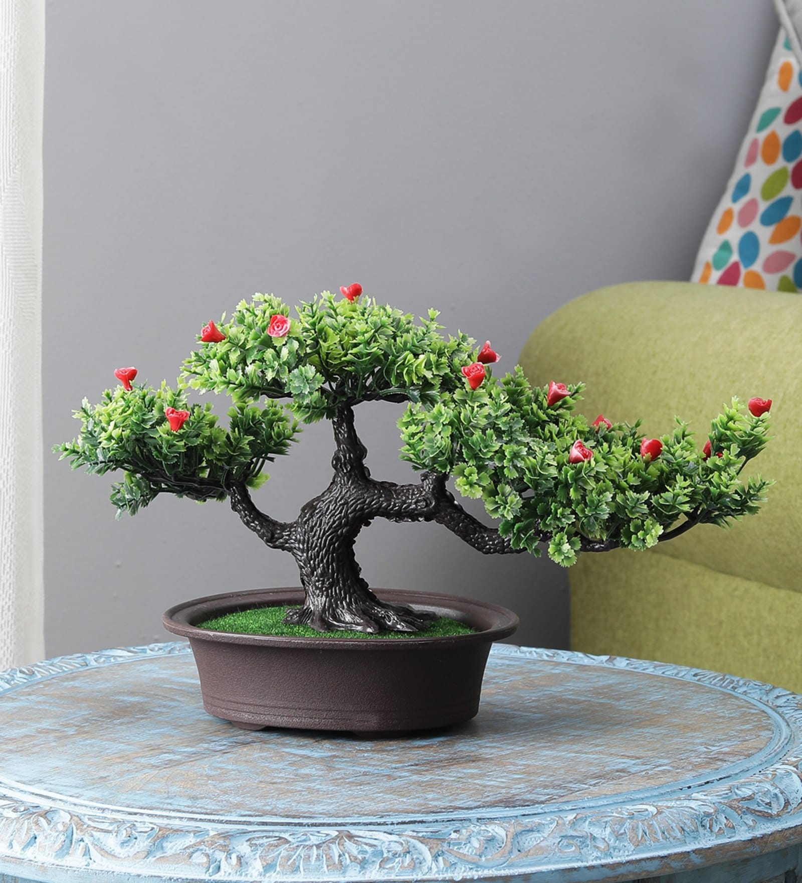 Buy Green Round Leaves & Flowers Plastic & Polyester Artificial 4 Head ...