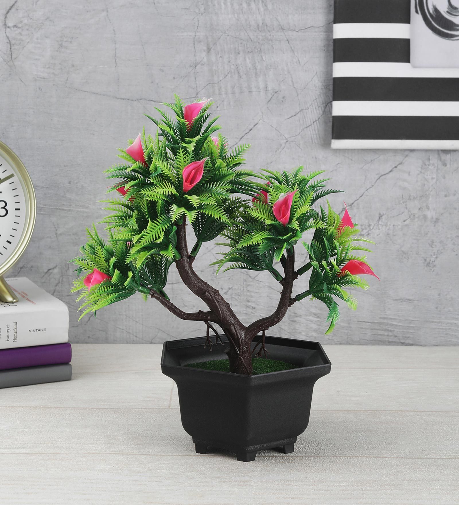 Buy Green Plastic and Polyester Blend Artificial 3 Branched Bonsai Tree ...