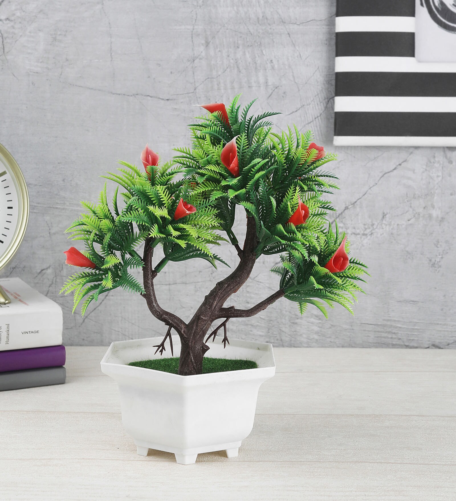 Buy Green Plastic and Polyester Blend Artificial 3 Branched Bonsai Tree ...
