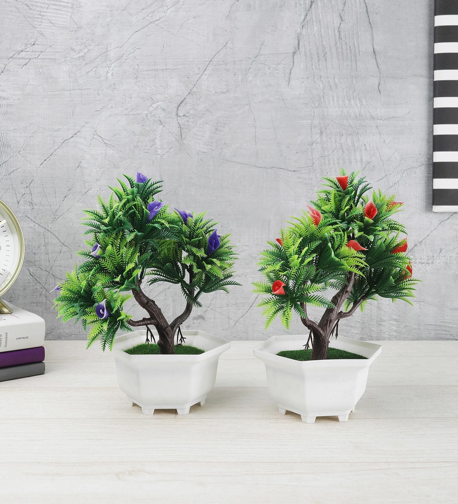 Buy Green Plastic and Polyester Blend Combo of 2 Artificial 3 Branched ...