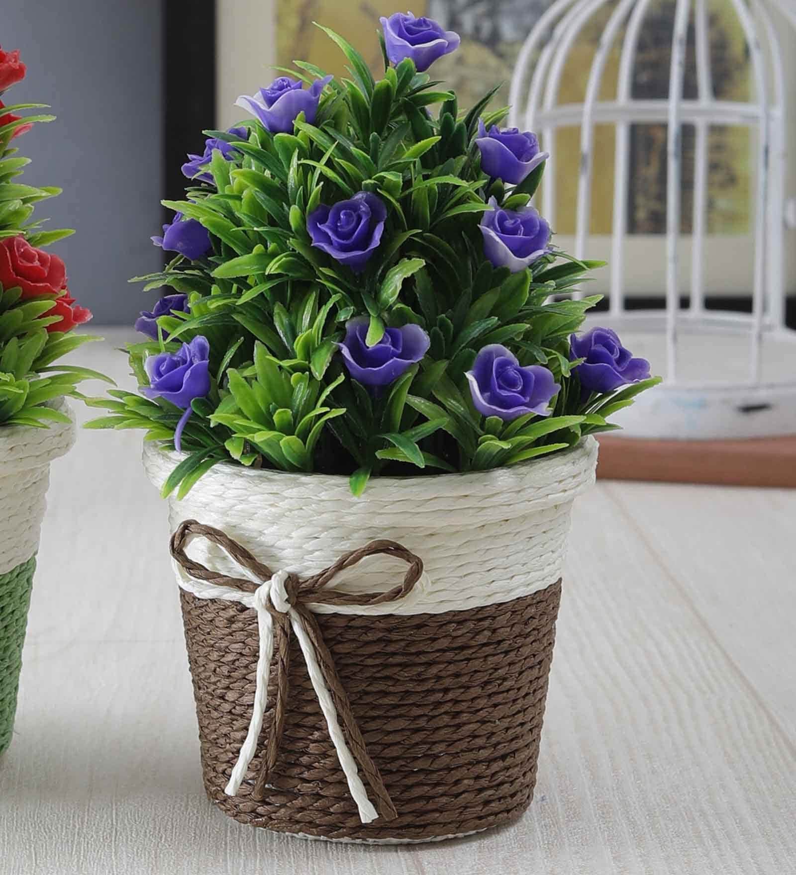 Buy Plastic Green Dark Purple Roses With Pot Artificial Plants at 21% ...