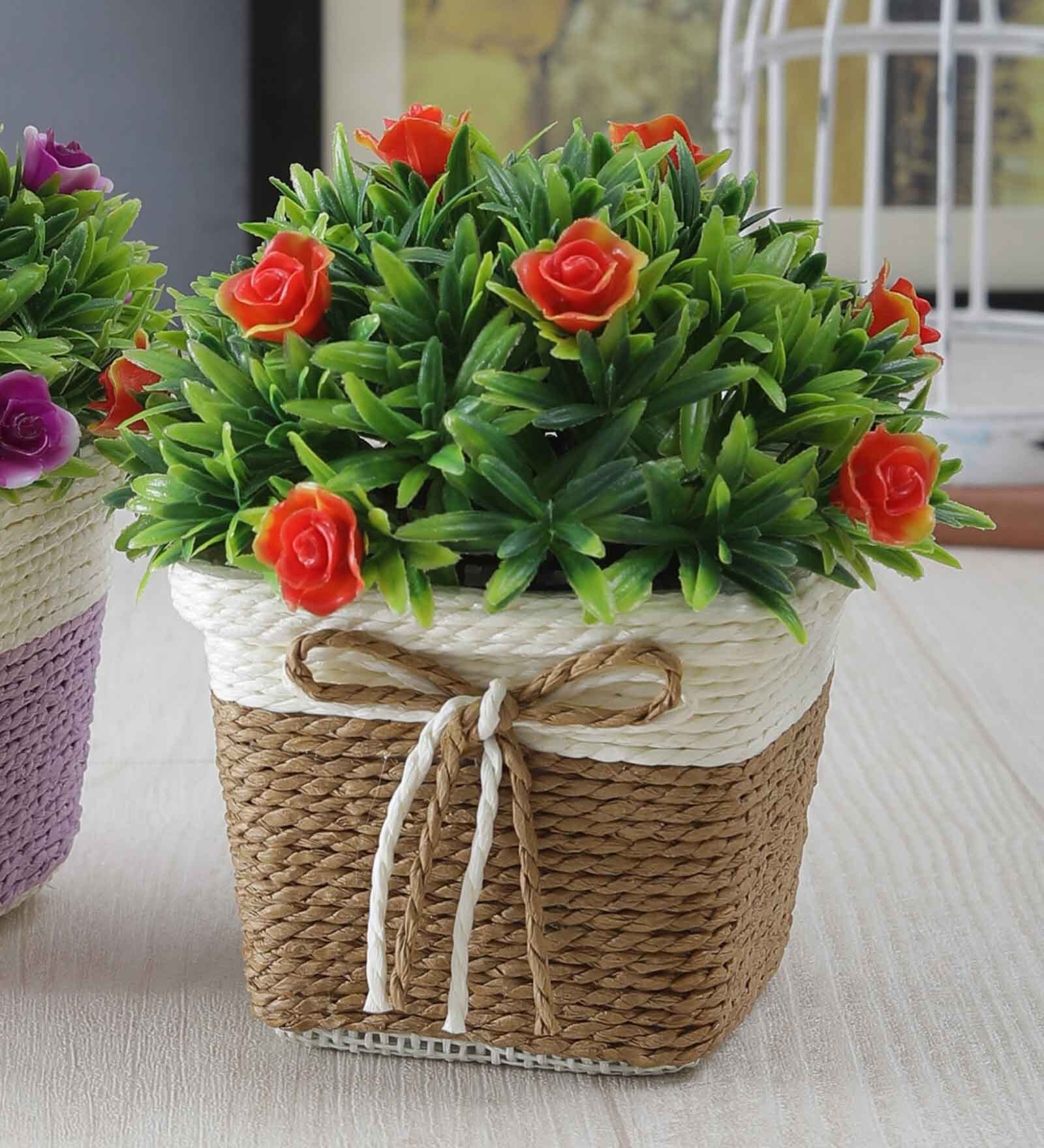 Buy Green Plastic Orange Roses Artificial Plant with Pot by Foliyaj at ...