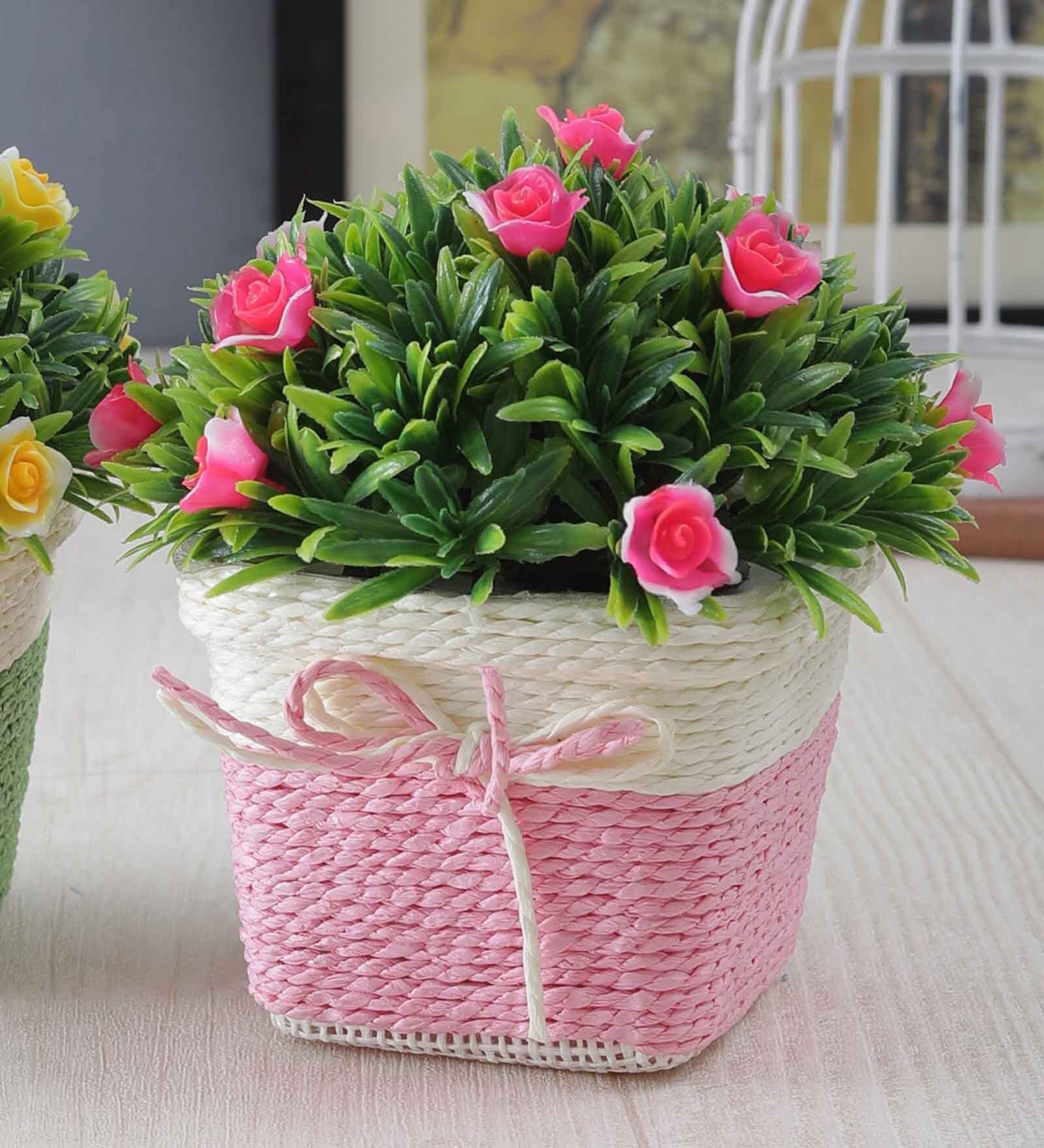 Buy Green Plastic Pink Roses Artificial Plant with Pot by Foliyaj at 52 ...