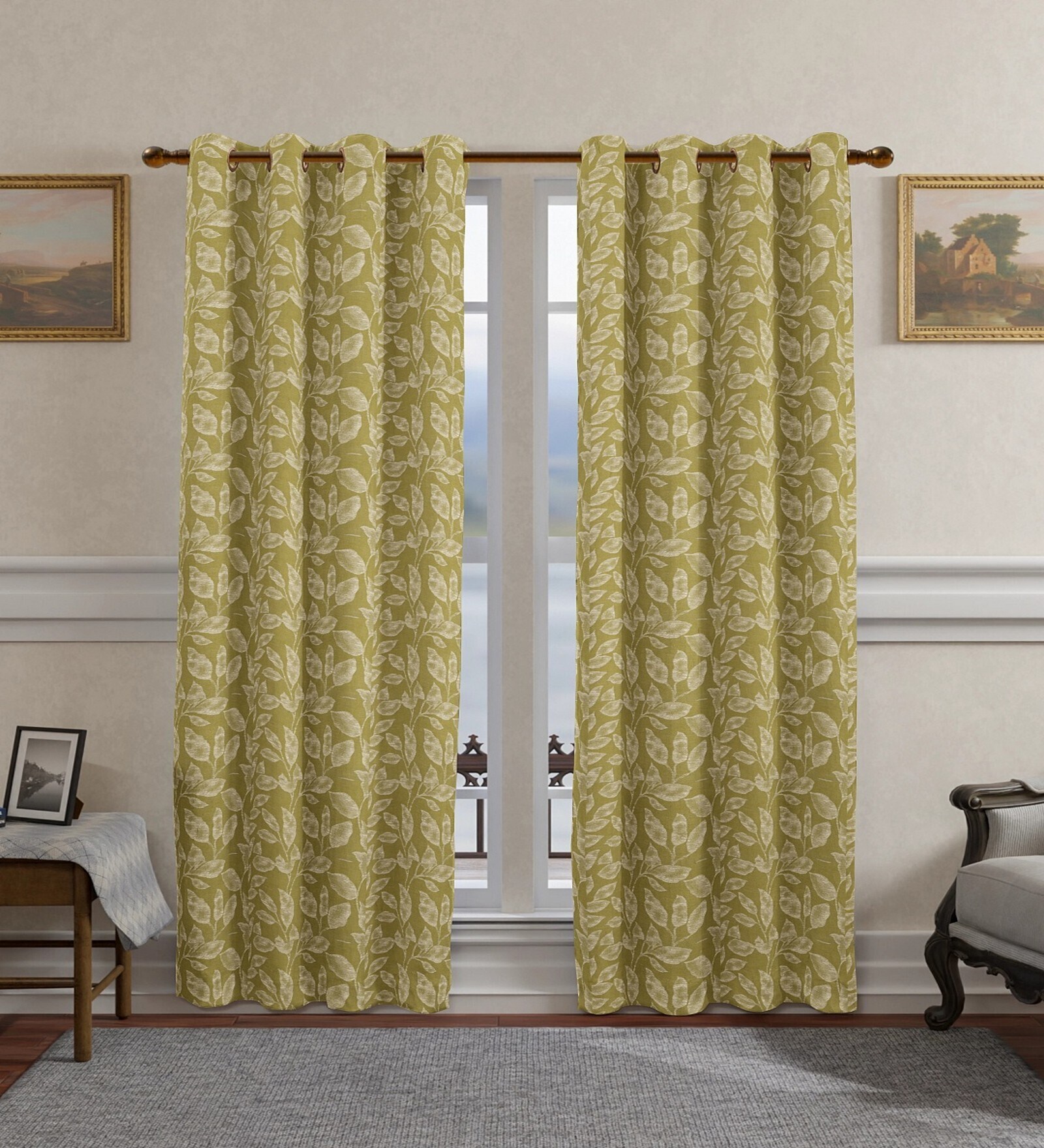 Buy Green Poly Cotton Floral 5ft Semisheer Eyelet 2 Pc Window Curtains ...