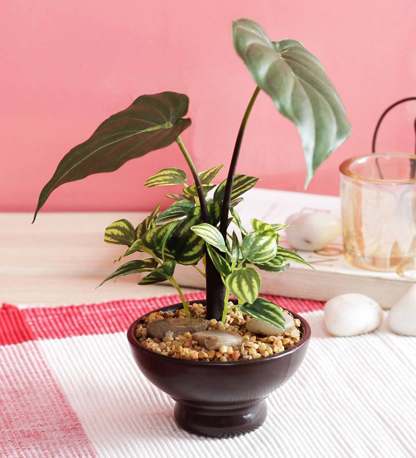 Buy Green Polyester Artificial Monstera Bonsai Plant With Brown Ceramic ...