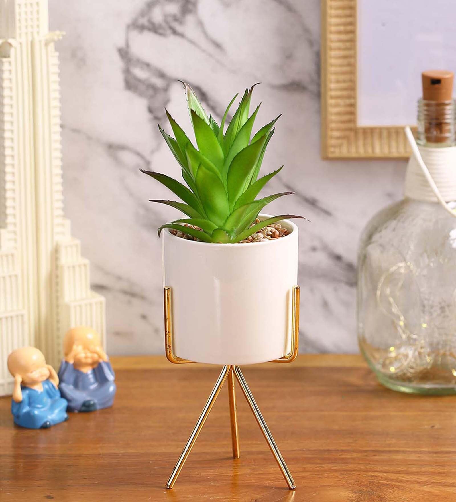 Buy Polyurethane Debra Green Succculent In Ceramic Pot With Metal Stand ...