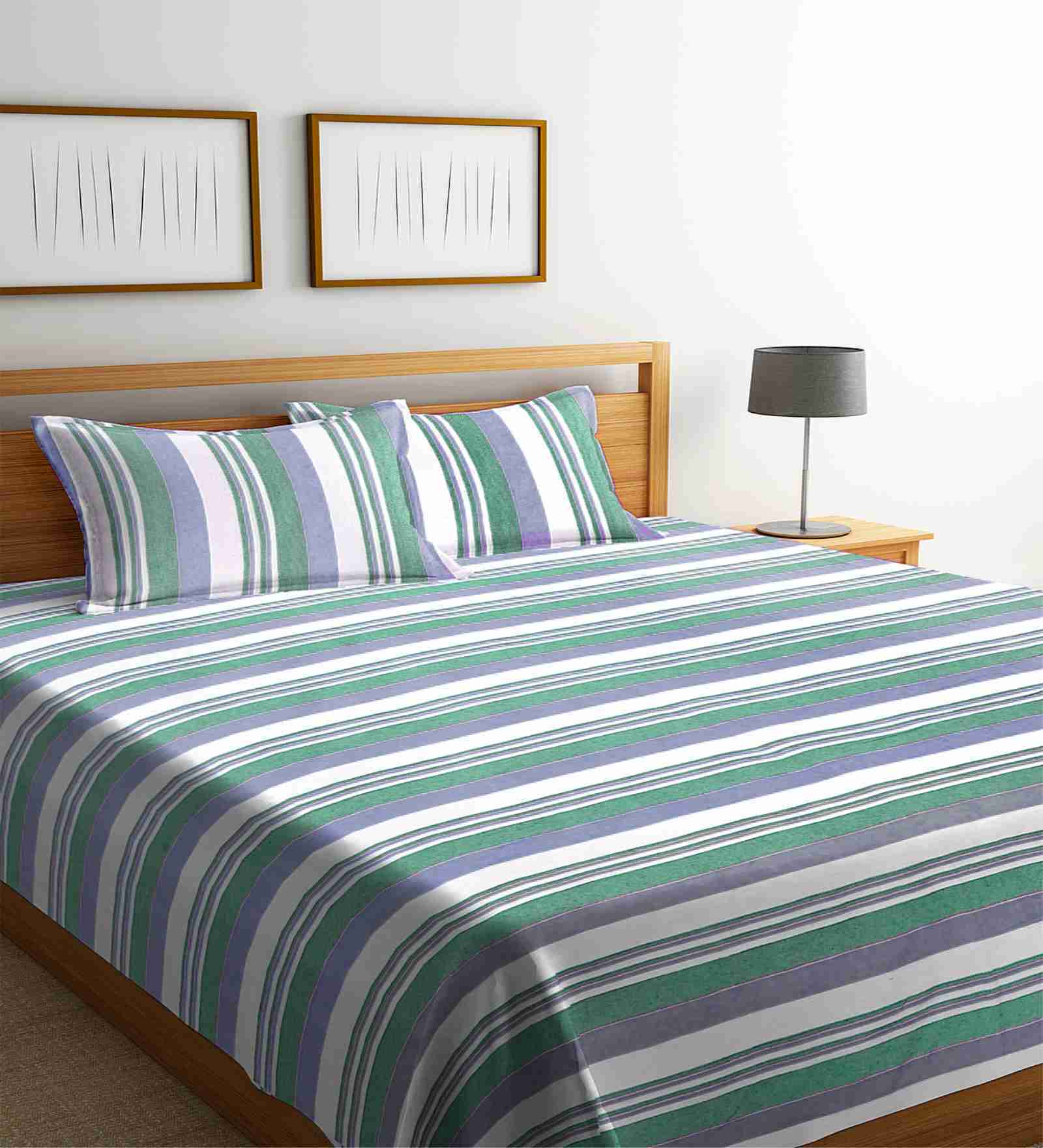 Buy Green Striped 300 TC Cotton Double Bed Cover with 2 Pillow Covers ...