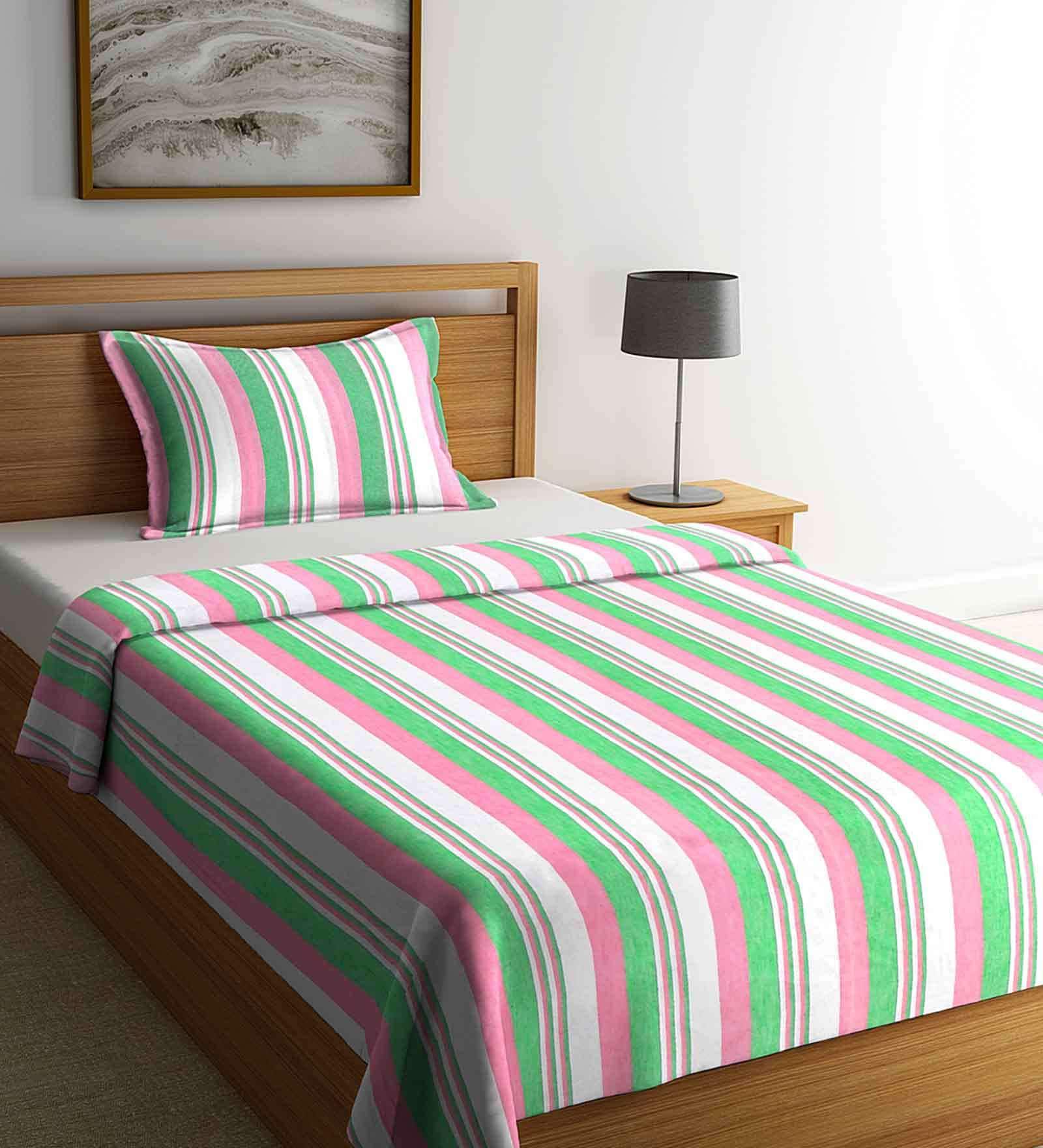 Buy Green Geometric 300 TC Cotton Single Bed Cover with 1 Pillow Cover ...