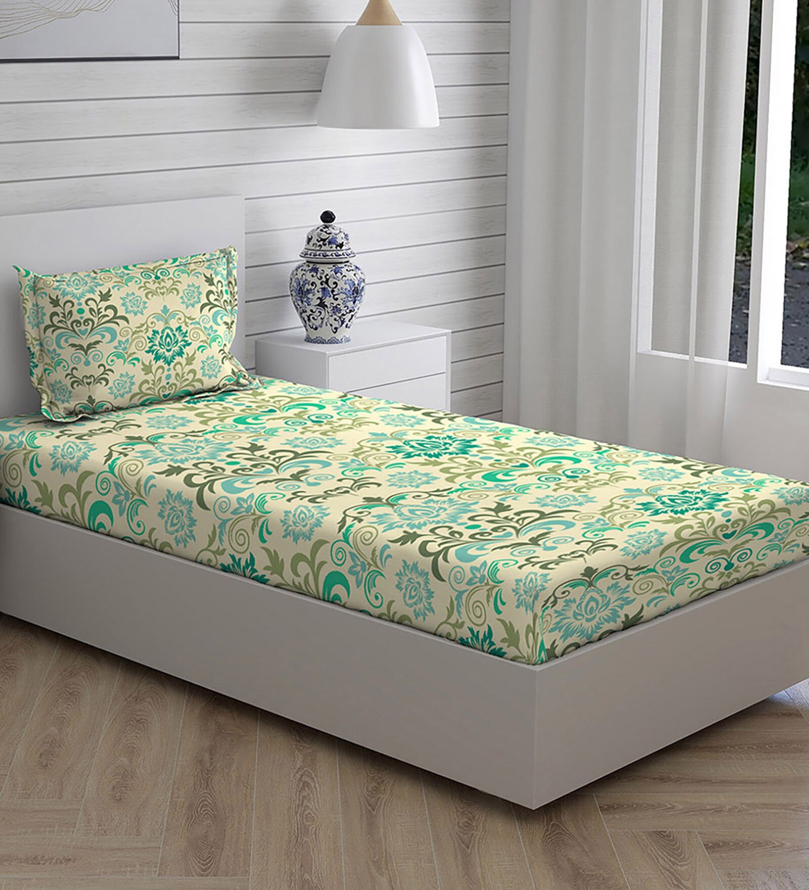 Buy Green Traditional 104 TC Cotton Single Bed Sized Bed Sheets With 1 ...
