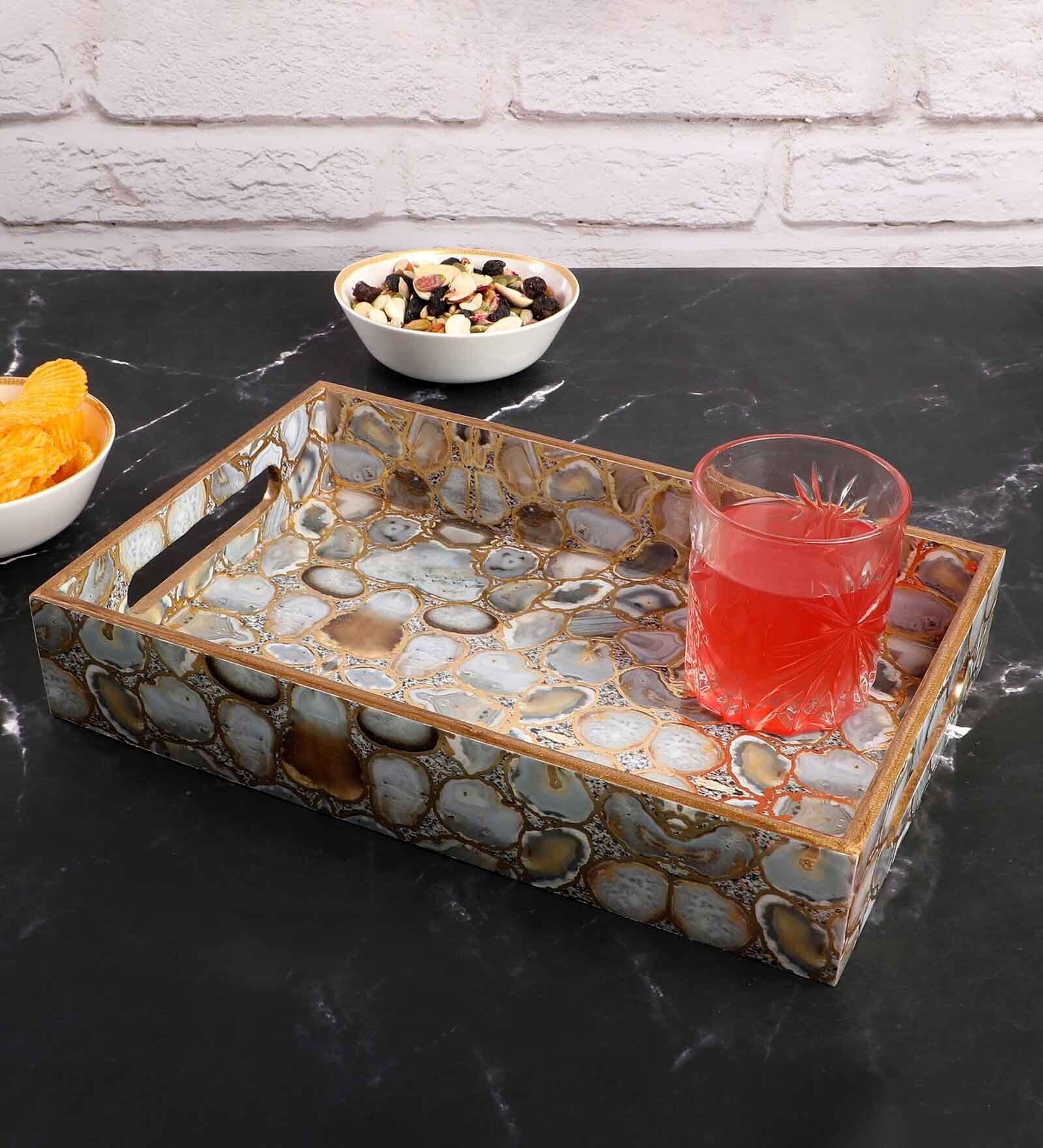 Buy Grey & Gold MDF Wood Agate Rectangle Serving Tray at 47% OFF by The ...