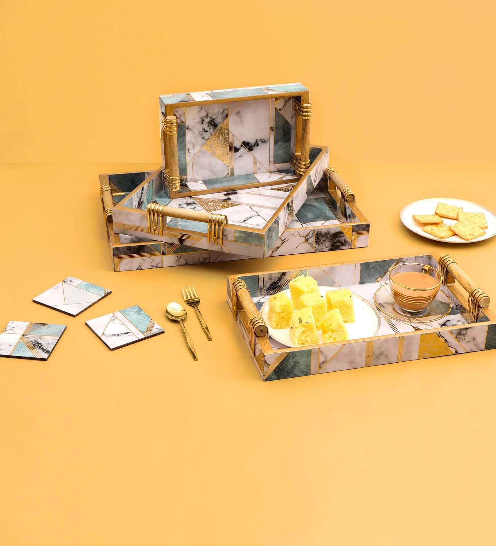 Buy Grey & Gold MDF Wood New Onyx (Set of 4) Serving Trays at 43% OFF ...