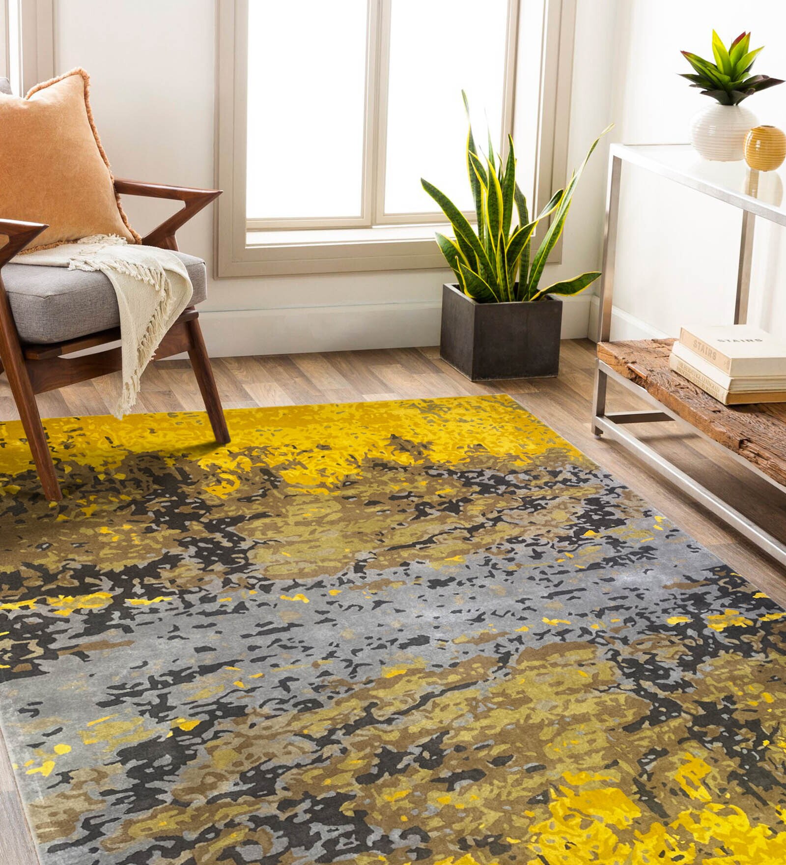 Buy Yellow Abstract Wool 5 ft x 7 ft Hand Tufted Carpet by QAALEEN at ...