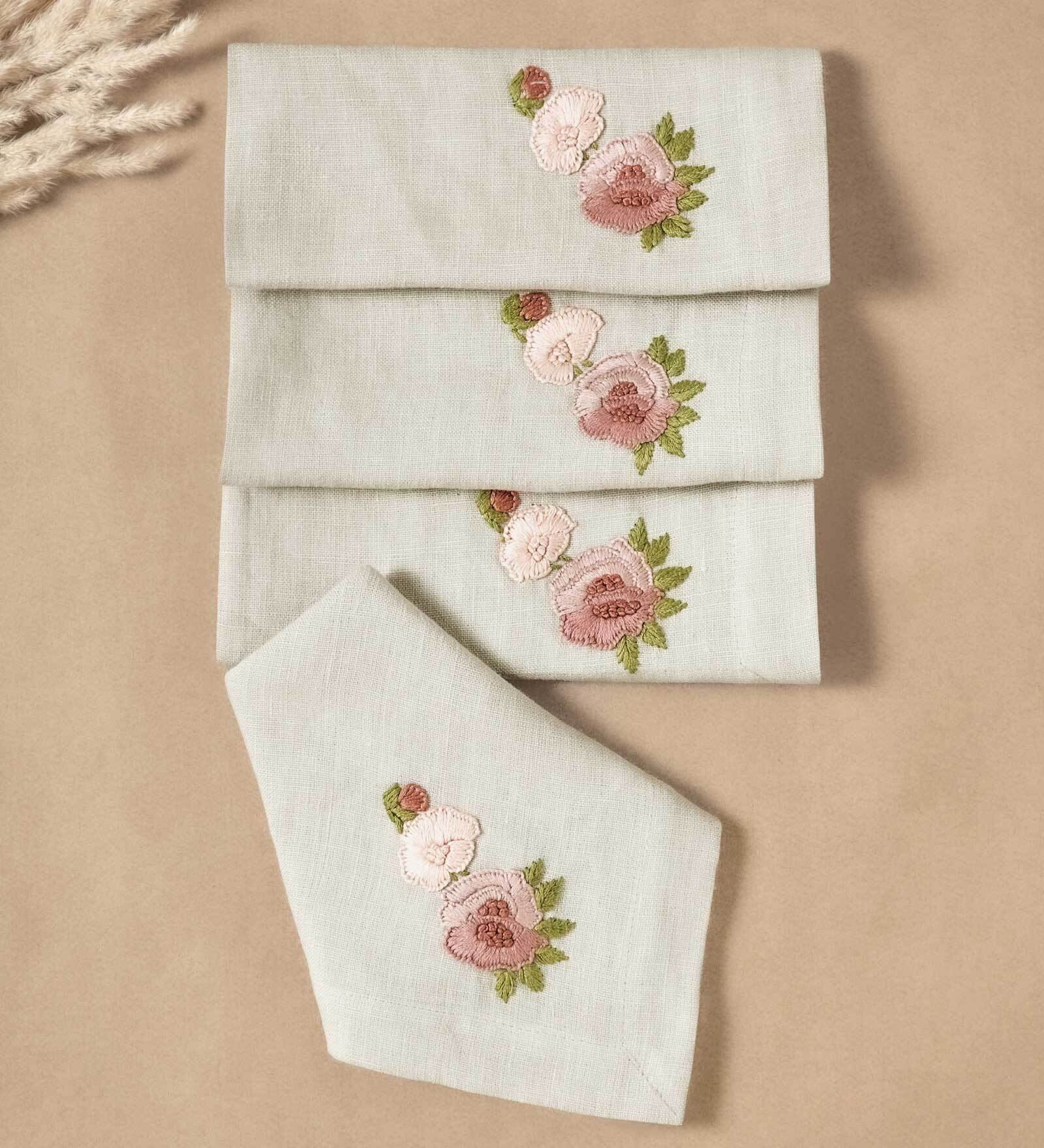 Buy Grey (16 x16 ) Floral Hand Embroidered Linen (Set of 4) Napkin Sets ...