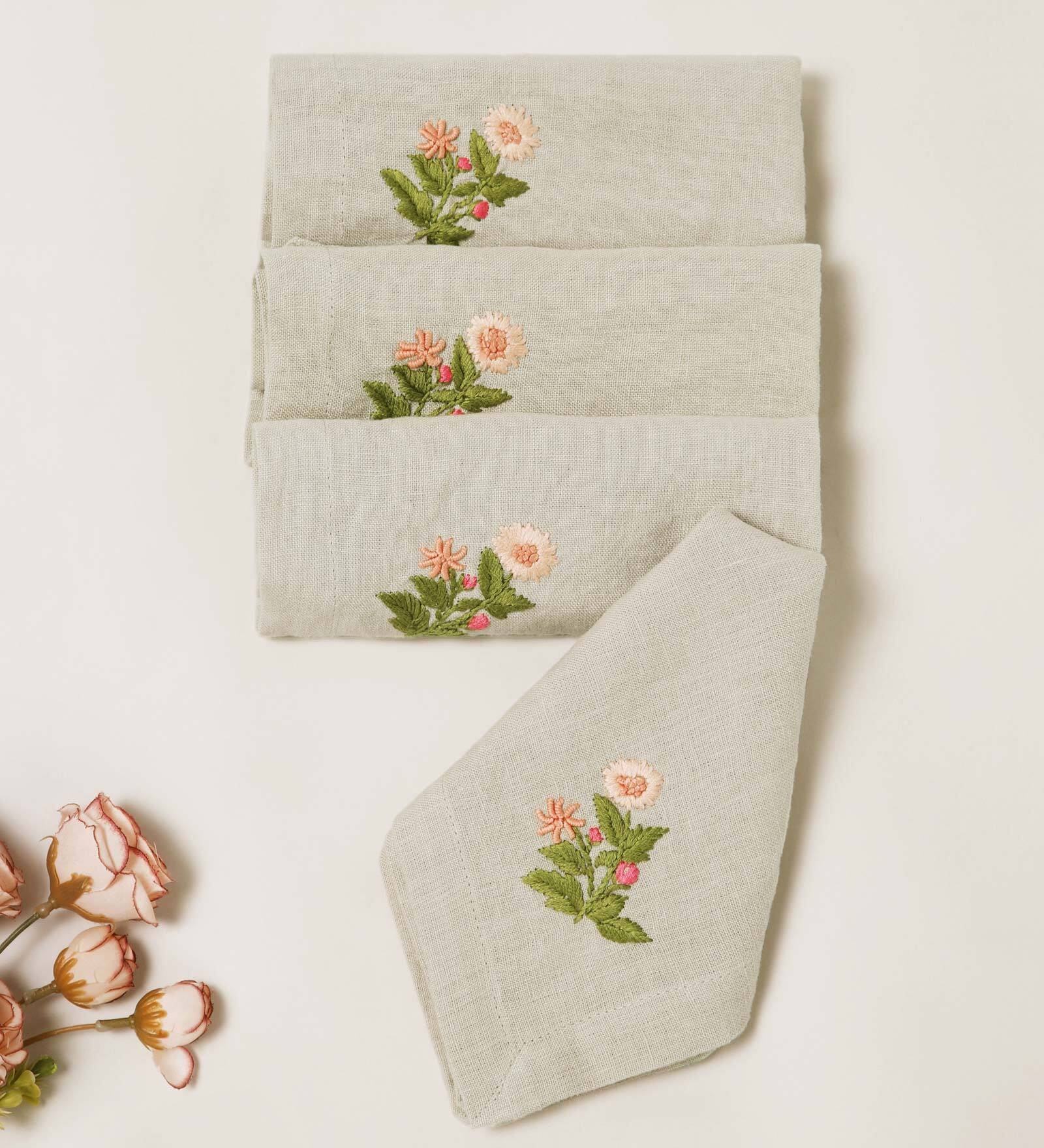 Buy Grey (16 x16 ) Floral Hand Embroidered Linen (Set of 4) Napkin Sets ...