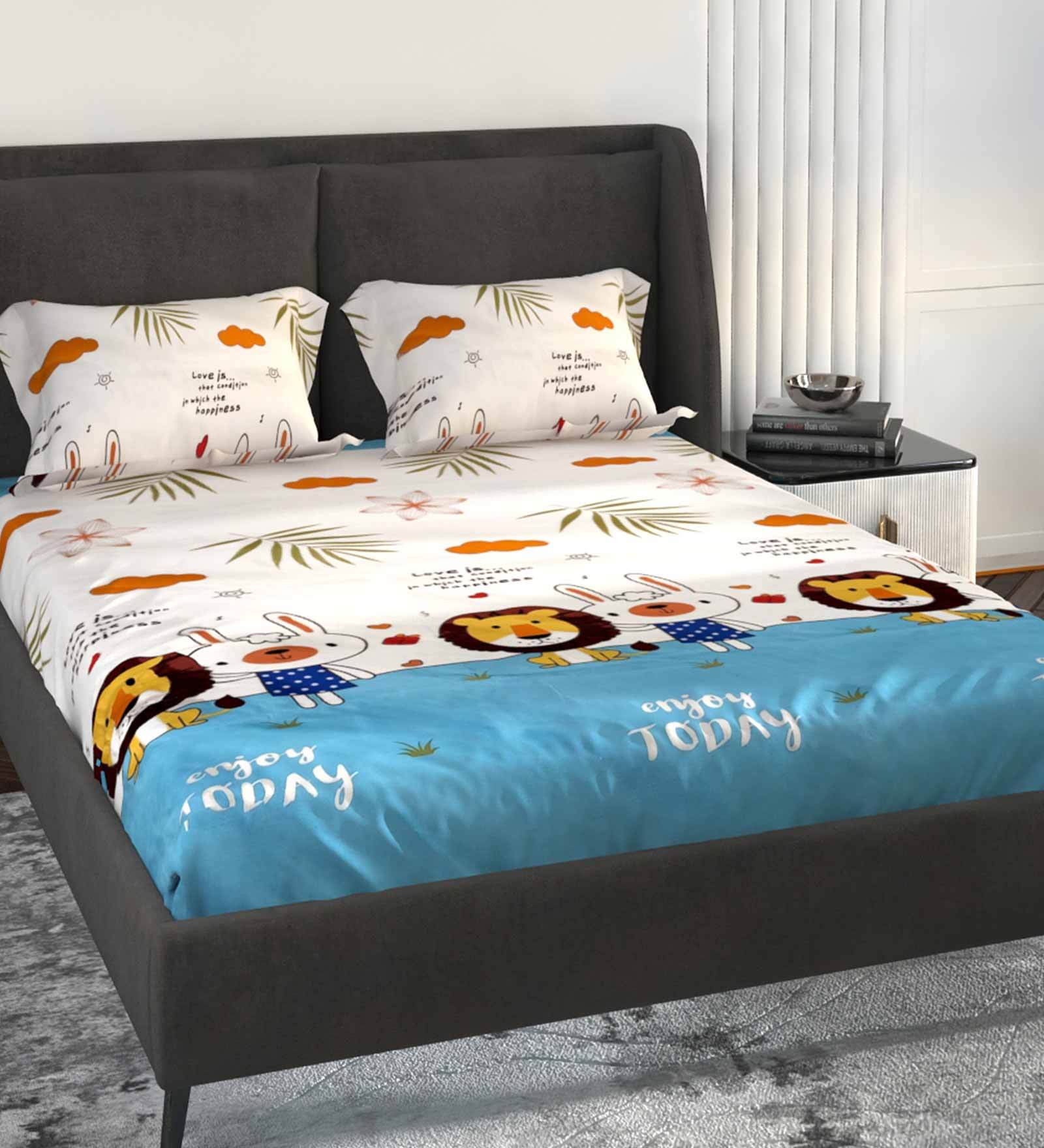 Buy Multicolor 180 TC 100 % Cotton Kids Double Bedsheet With 2 Pillow ...