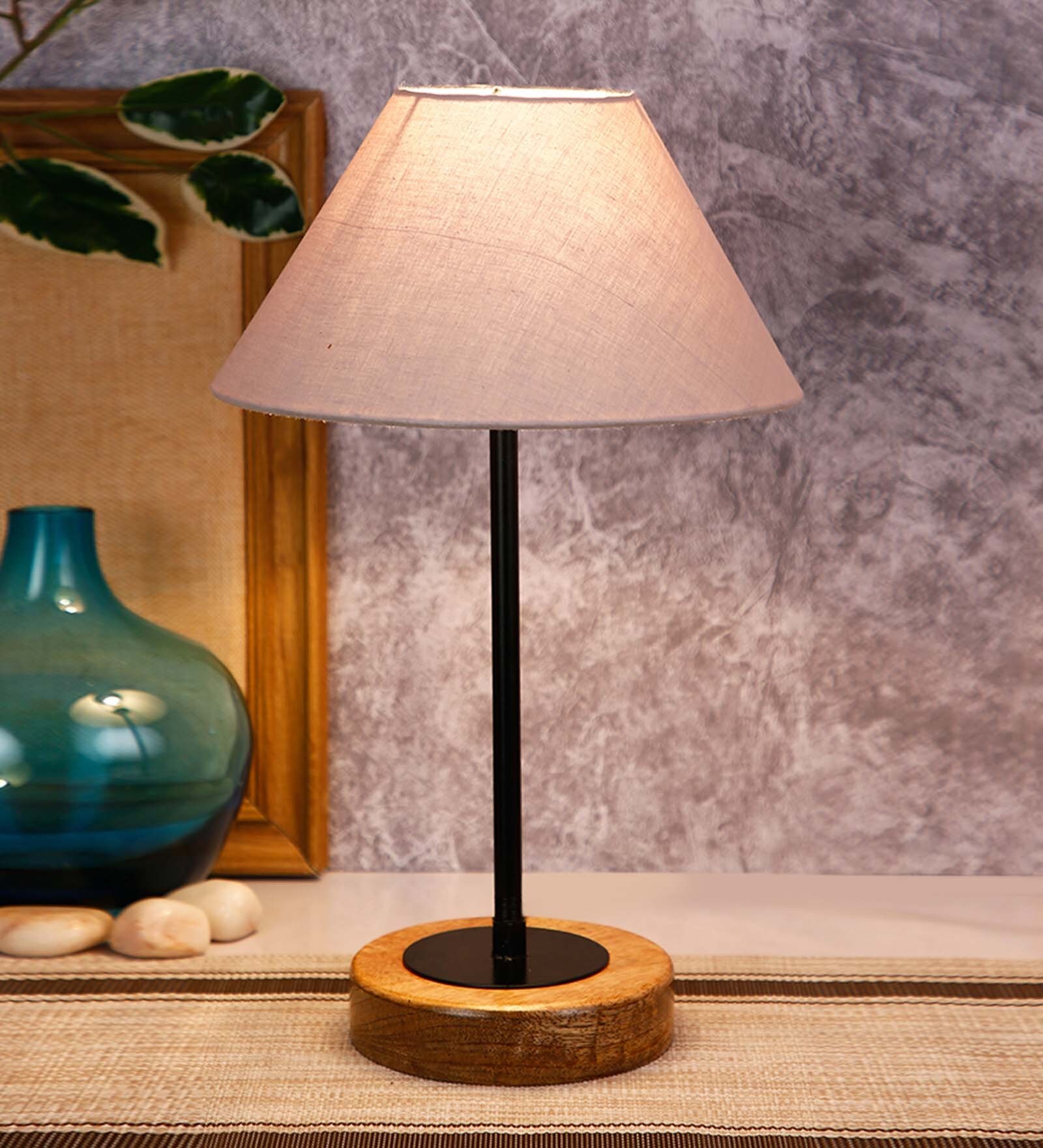 Buy Grey Cotton Shade Country Table Lamp With Natural Base By New Era ...