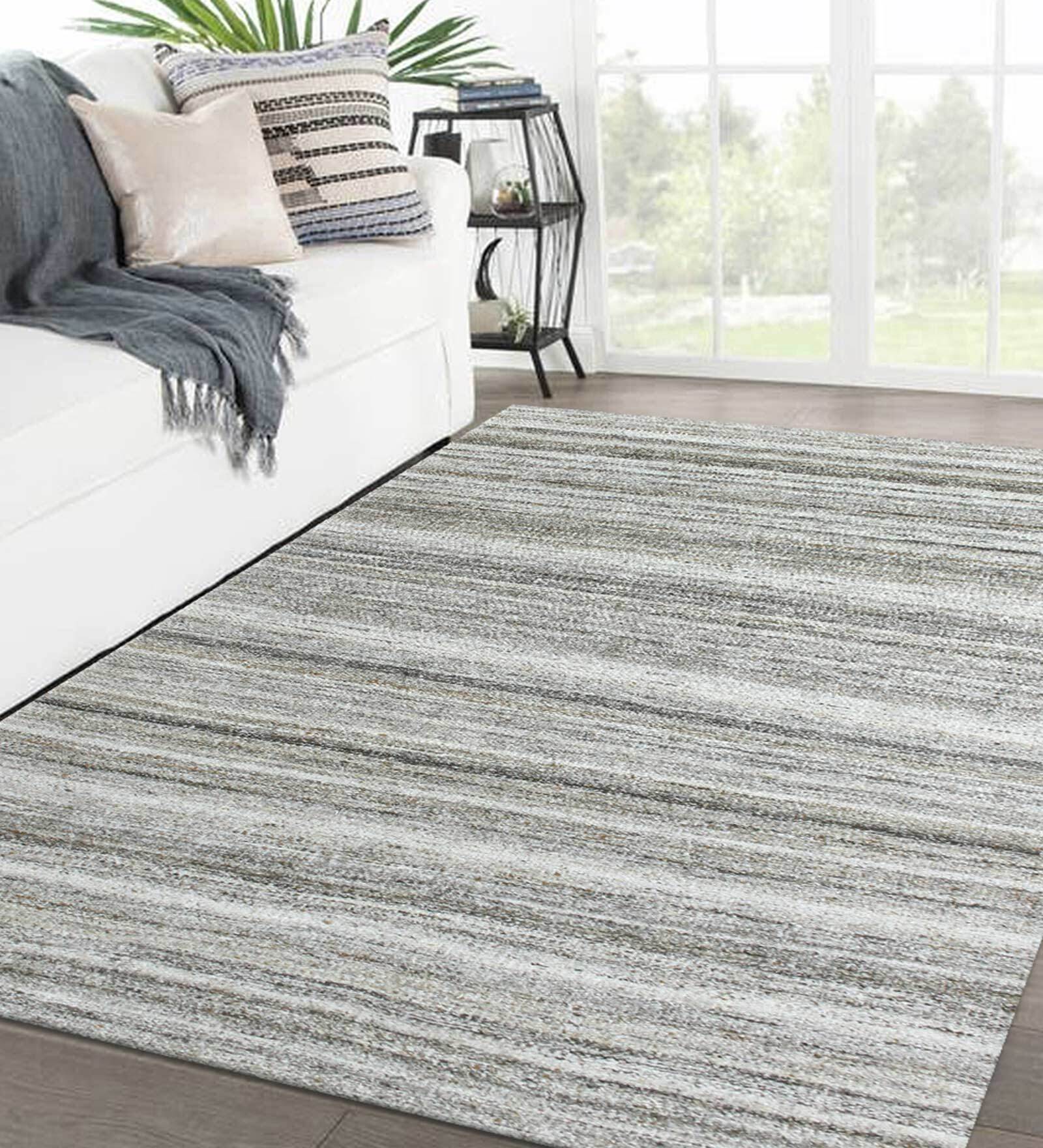 Buy Grey Striped Polyester 4 ft x 6 ft Hand Woven Carpet by GHARGHAR at ...