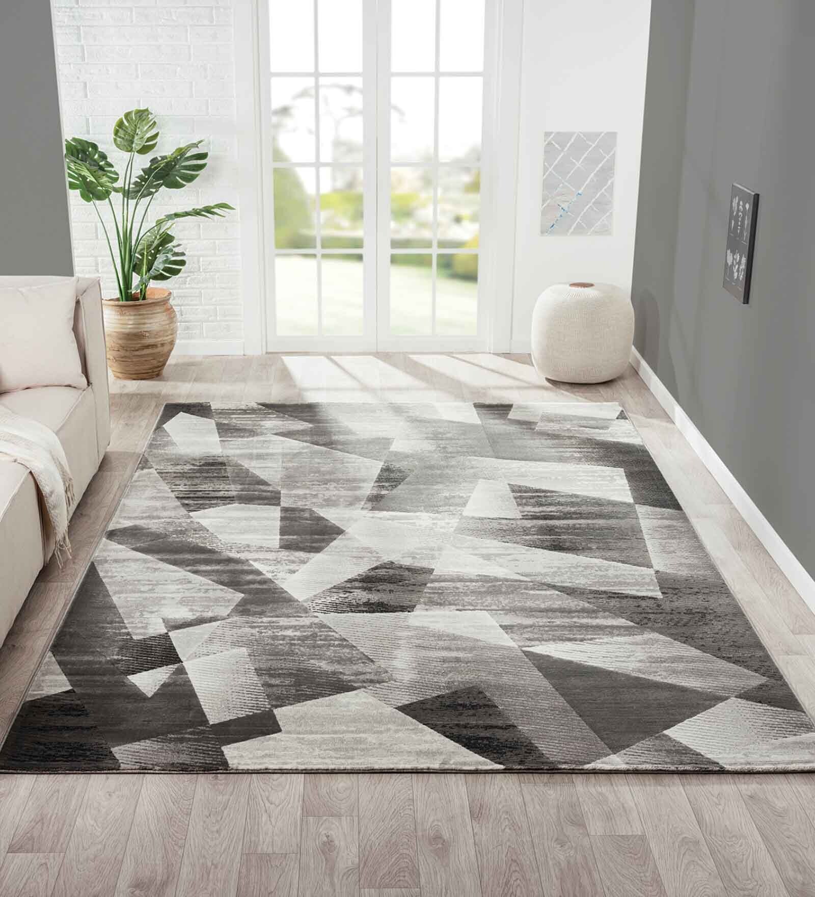 Buy Grey 100% Polyester Geometric 4 x 6 Feet Machine Made Carpet by ...