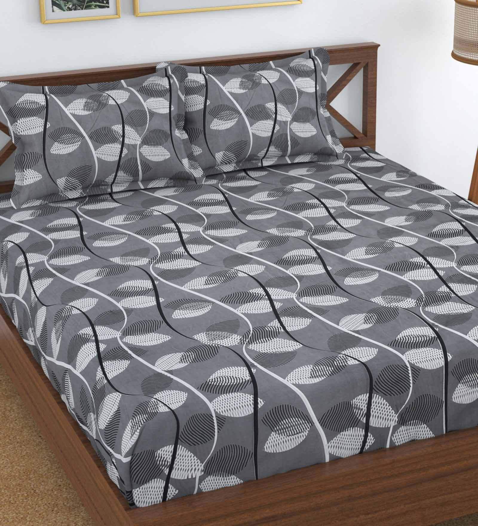 Buy Grey Abstract TC 160 Poly Cotton Double Bed Sheet With 2 Pillow ...