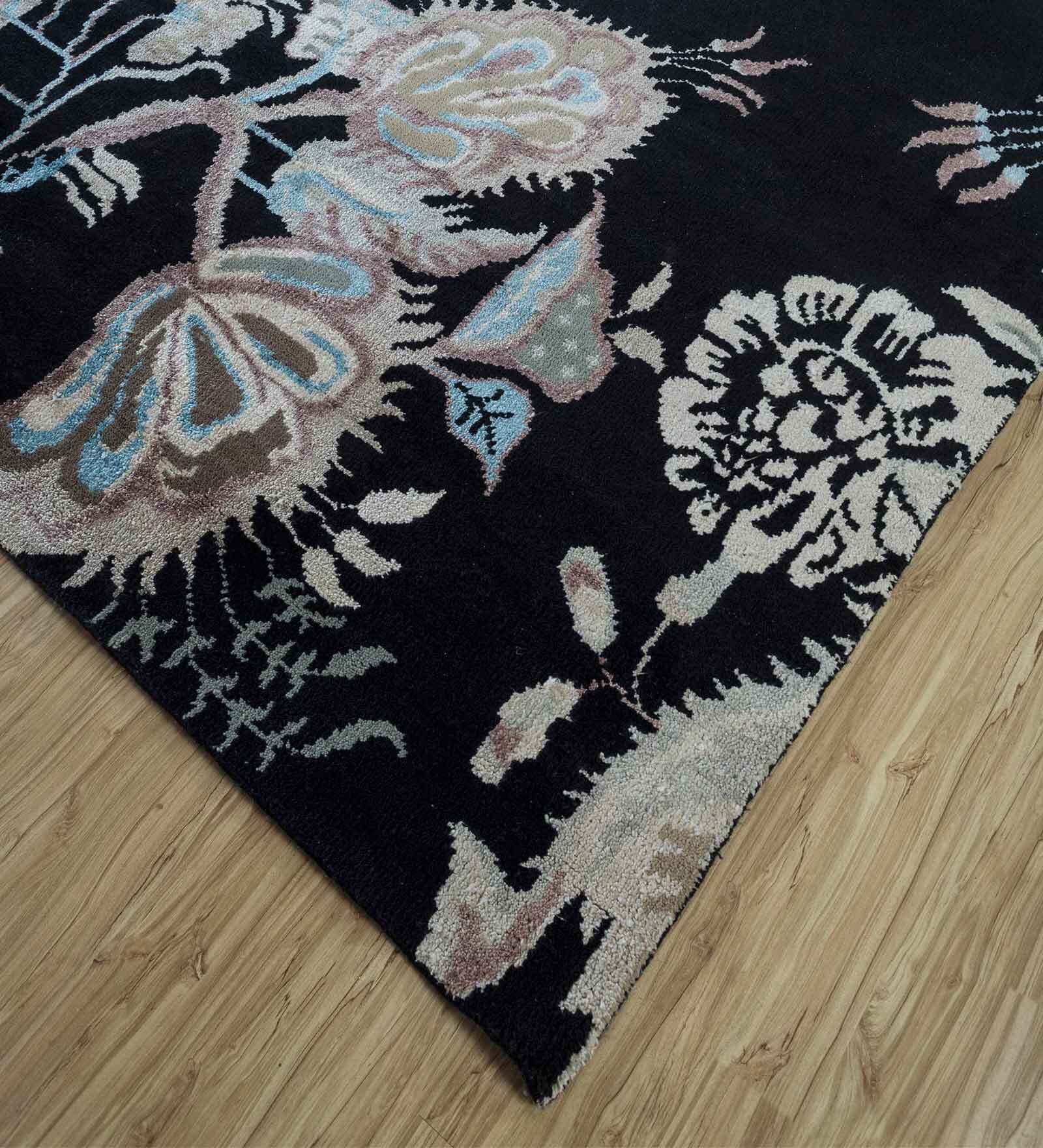 Buy Black Floral Wool 6 ft x 9 ft Hand Knotted Carpet by Jaipur Rugs at ...