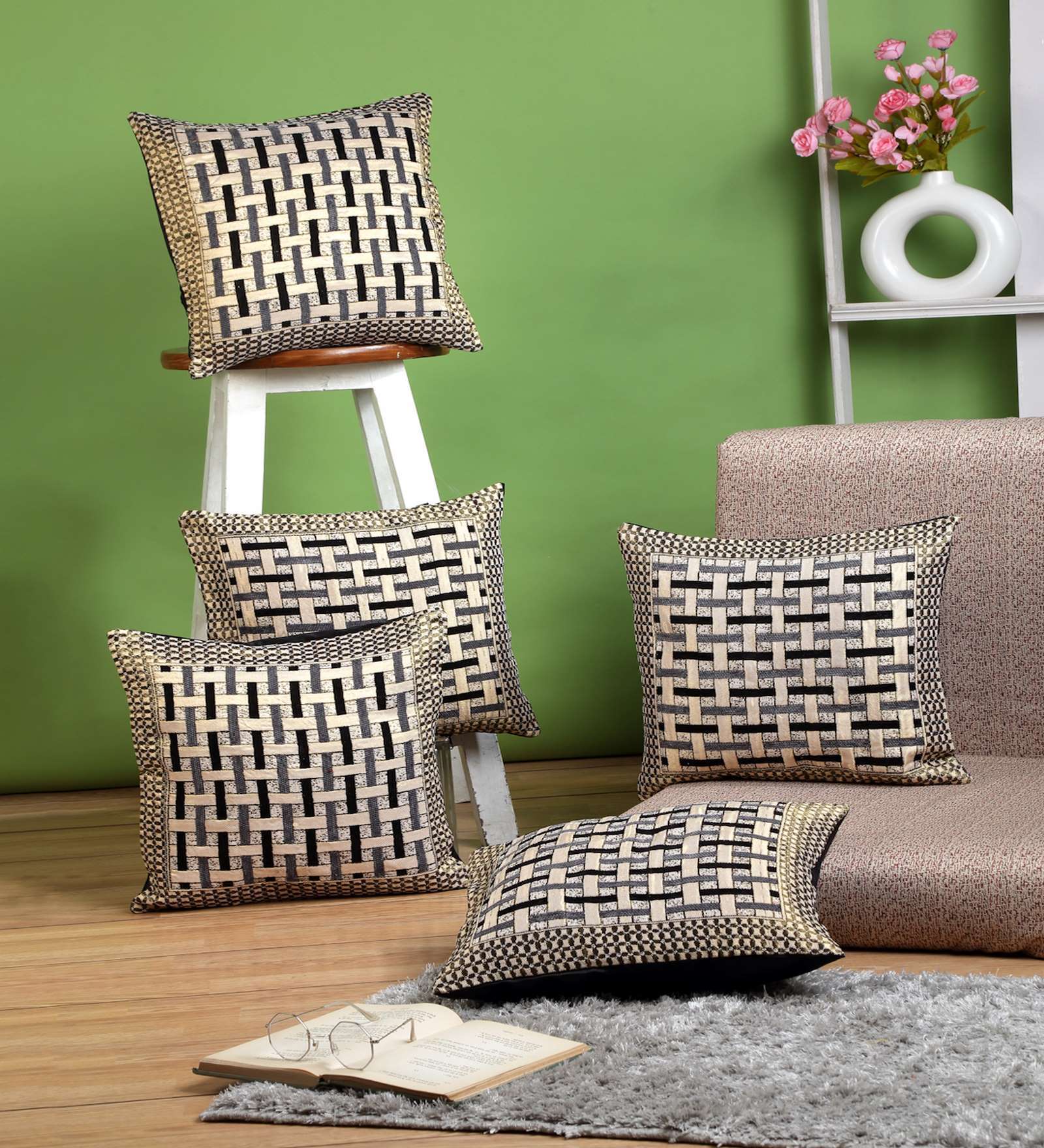 Buy Grey Chenille Geometric Cushions & Pillows Cover (Set of 5) By Eric ...