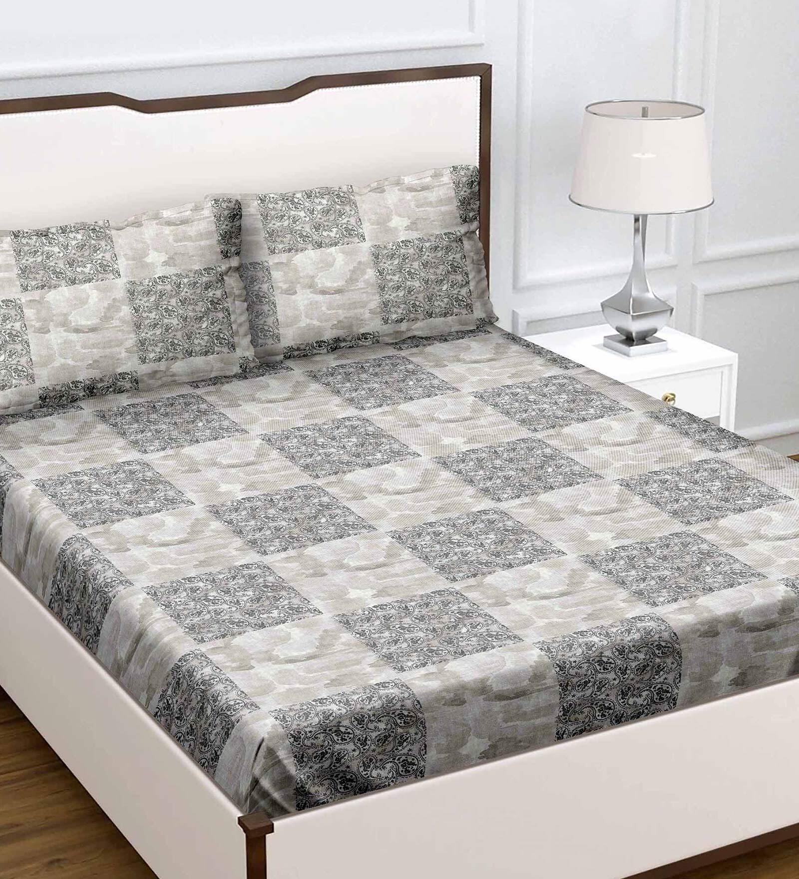 Buy Grey Abstract 220 TC Cotton Queen Sized Bed Sheets with 2 Pillow ...