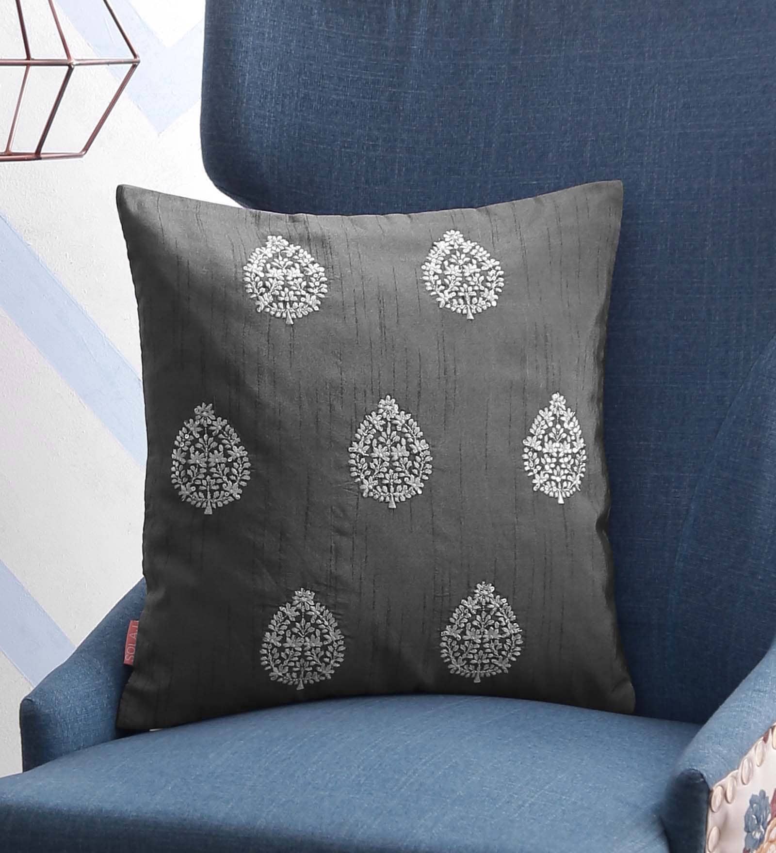 Buy Traditional Pattern Cotton Grey Cushion Cover 16 x 16 inches by ...
