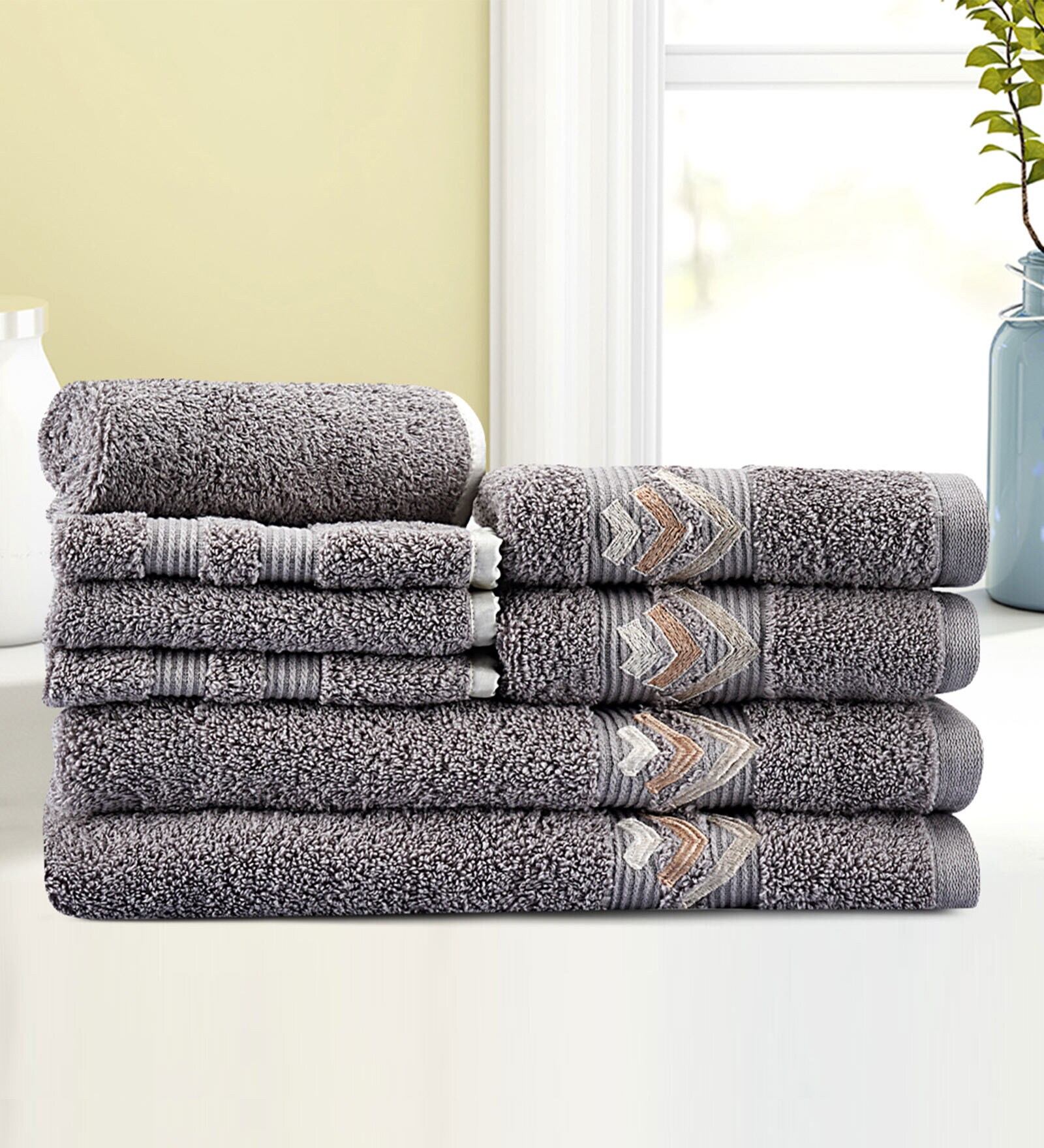 Buy Grey Cotton Patterned 500 GSM Towel Set 8 Pieces by Lush & Beyond ...