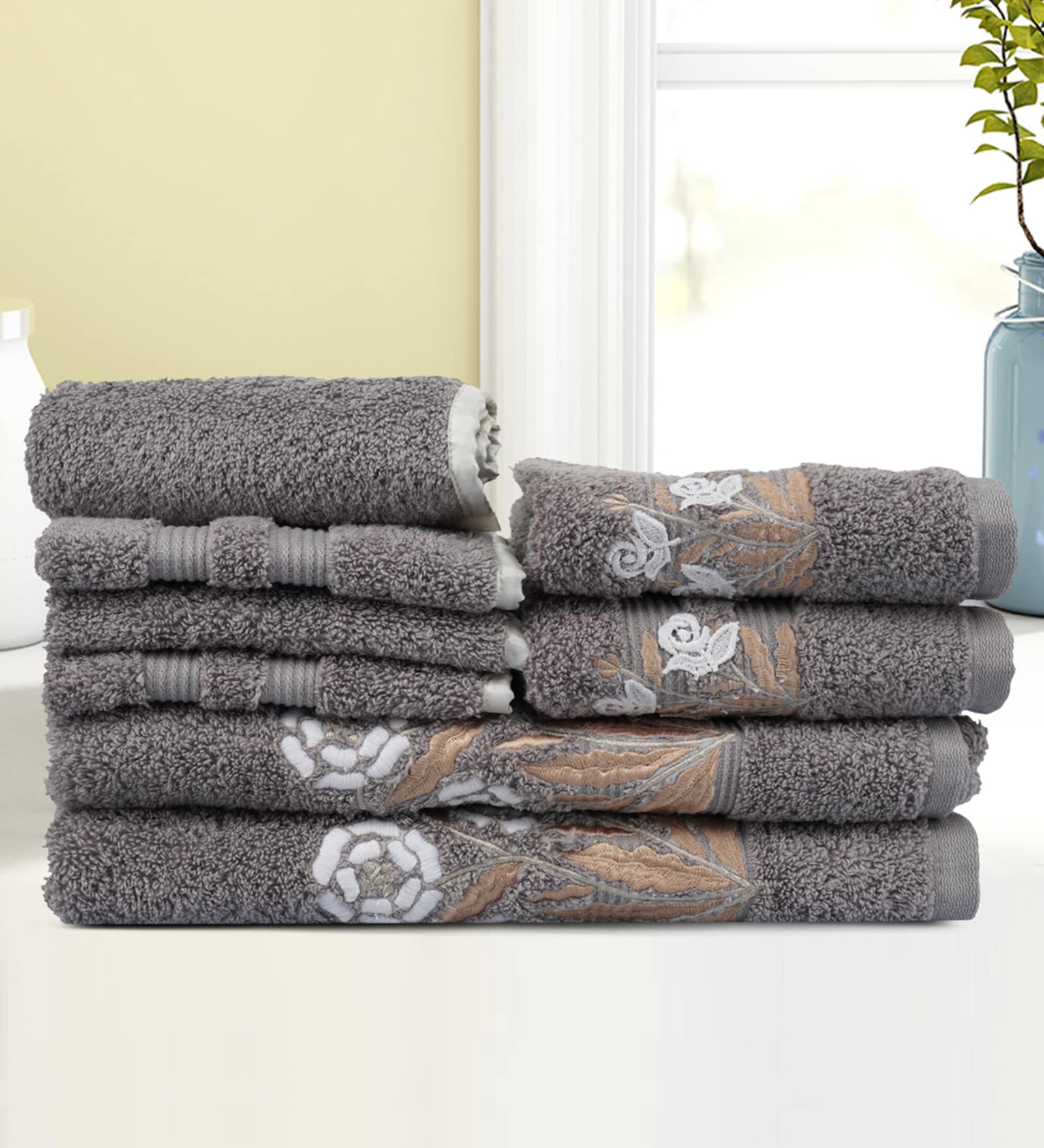 Buy Grey Cotton Patterned 500 GSM Towel Set 8 Pieces by Lush & Beyond ...