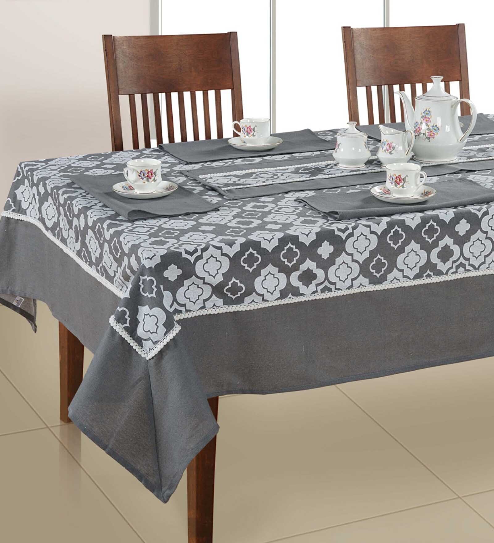 Buy Gharana (108x60) Grey & White Cotton (Set of 10) Table Linen Set at ...