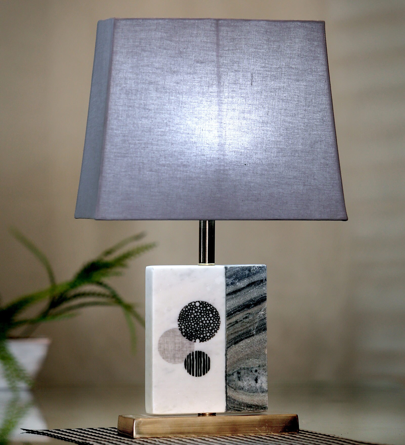 Buy Grey Fabric Shade Marble Table LED Lamp With Antique Brass Base By ...